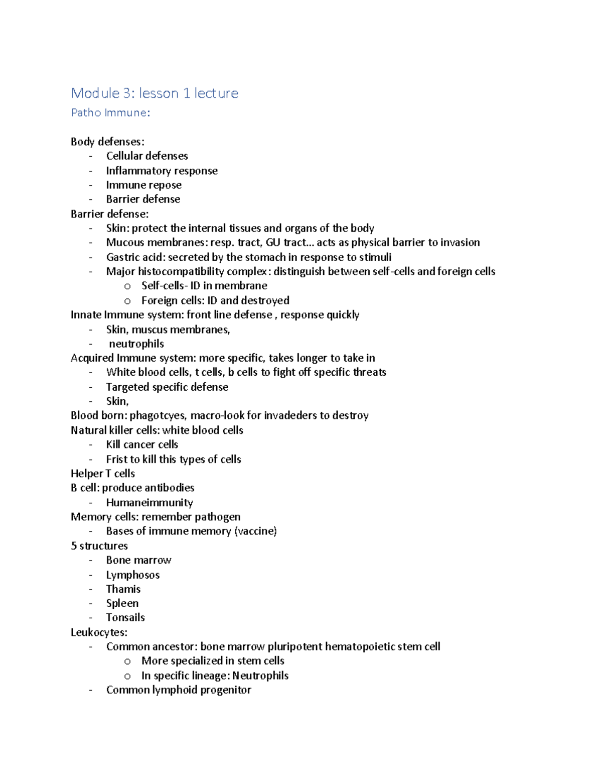 Patho Module 3 - lecture notes - Module 3: lesson 1 lecture Patho ...