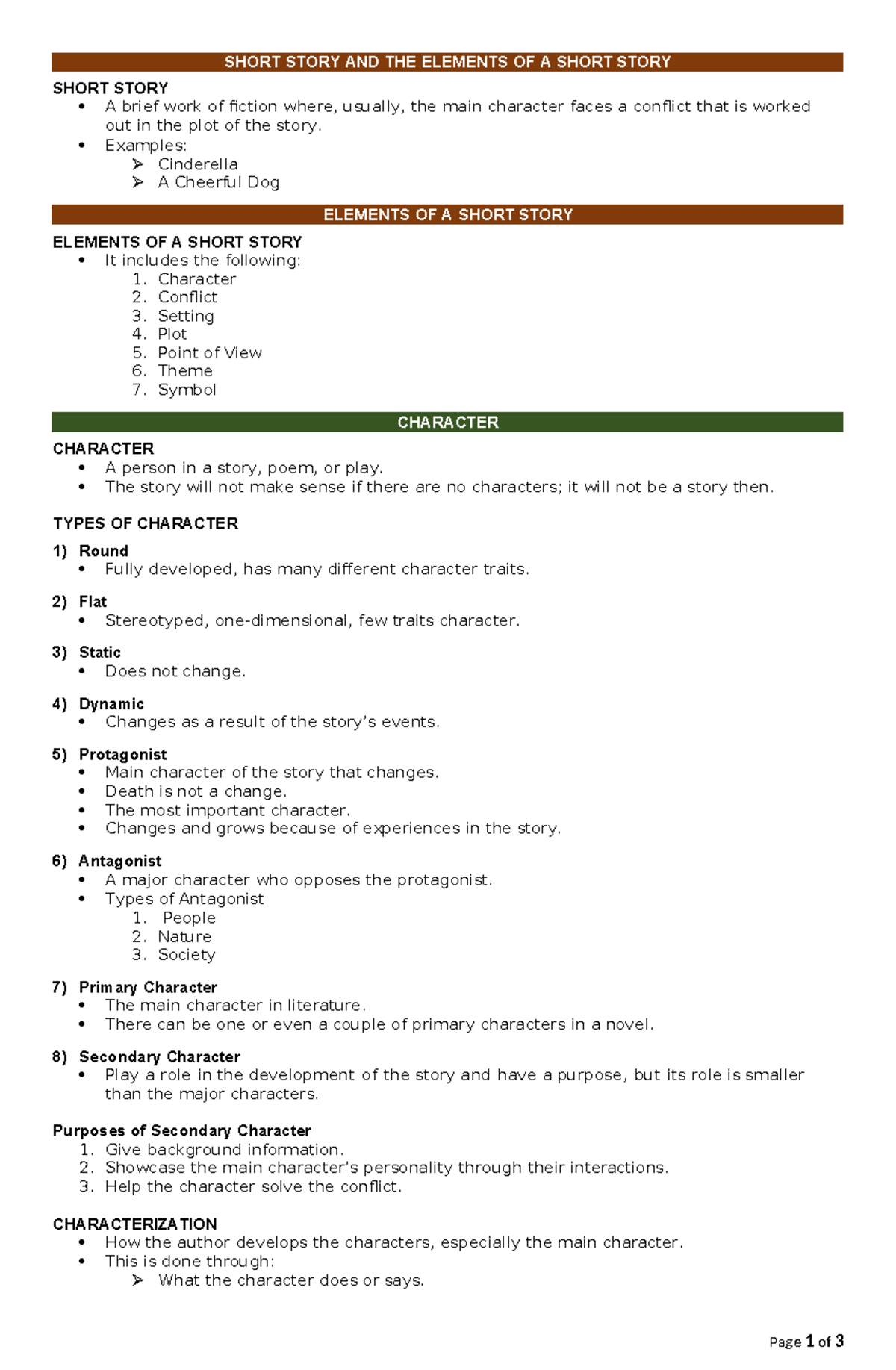 Ilide - none - ELEMENTS OF A SHORT STORY CHARACTER Page 1 of 3 SHORT ...