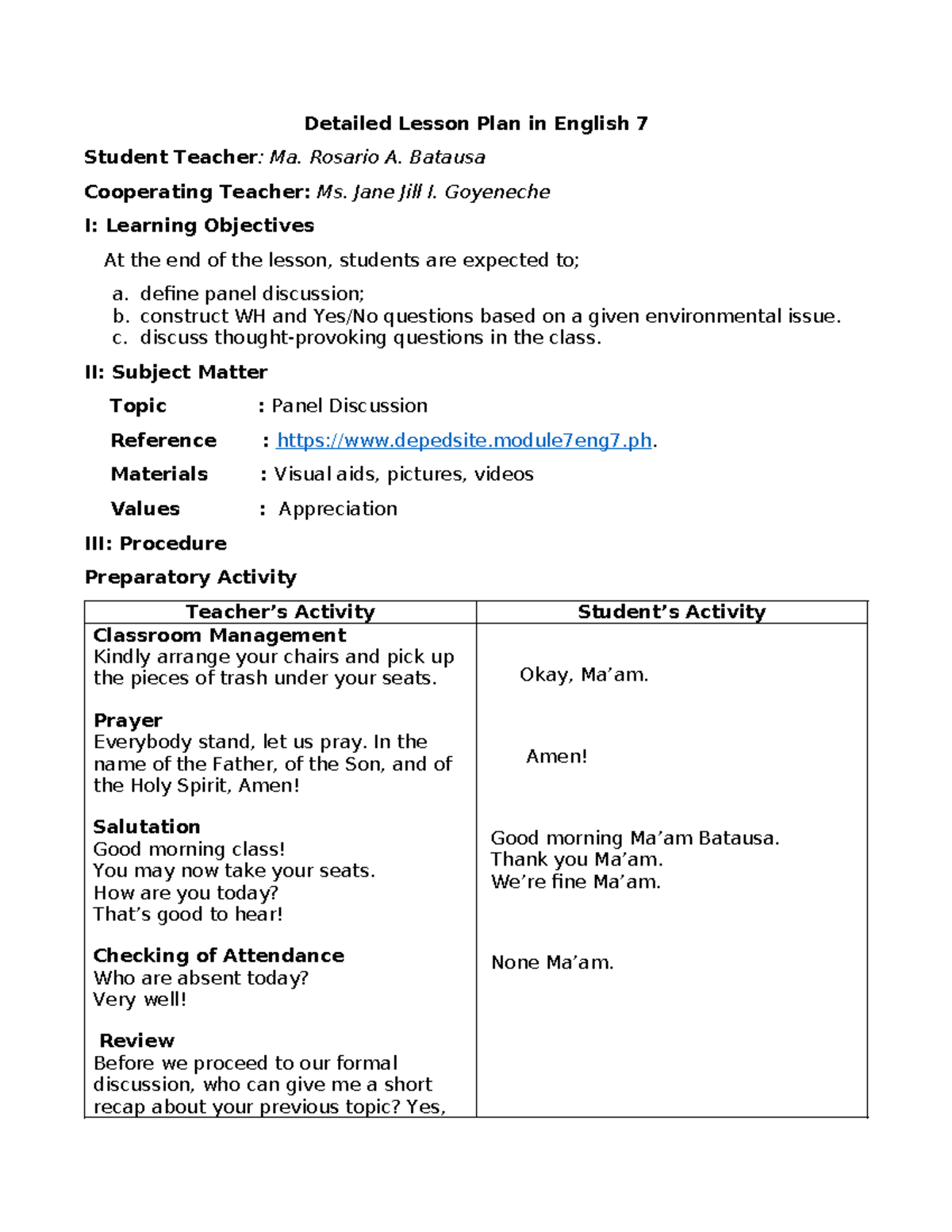 DLP Panel Discussion - Detailed Lesson Plan in English 7 Student ...