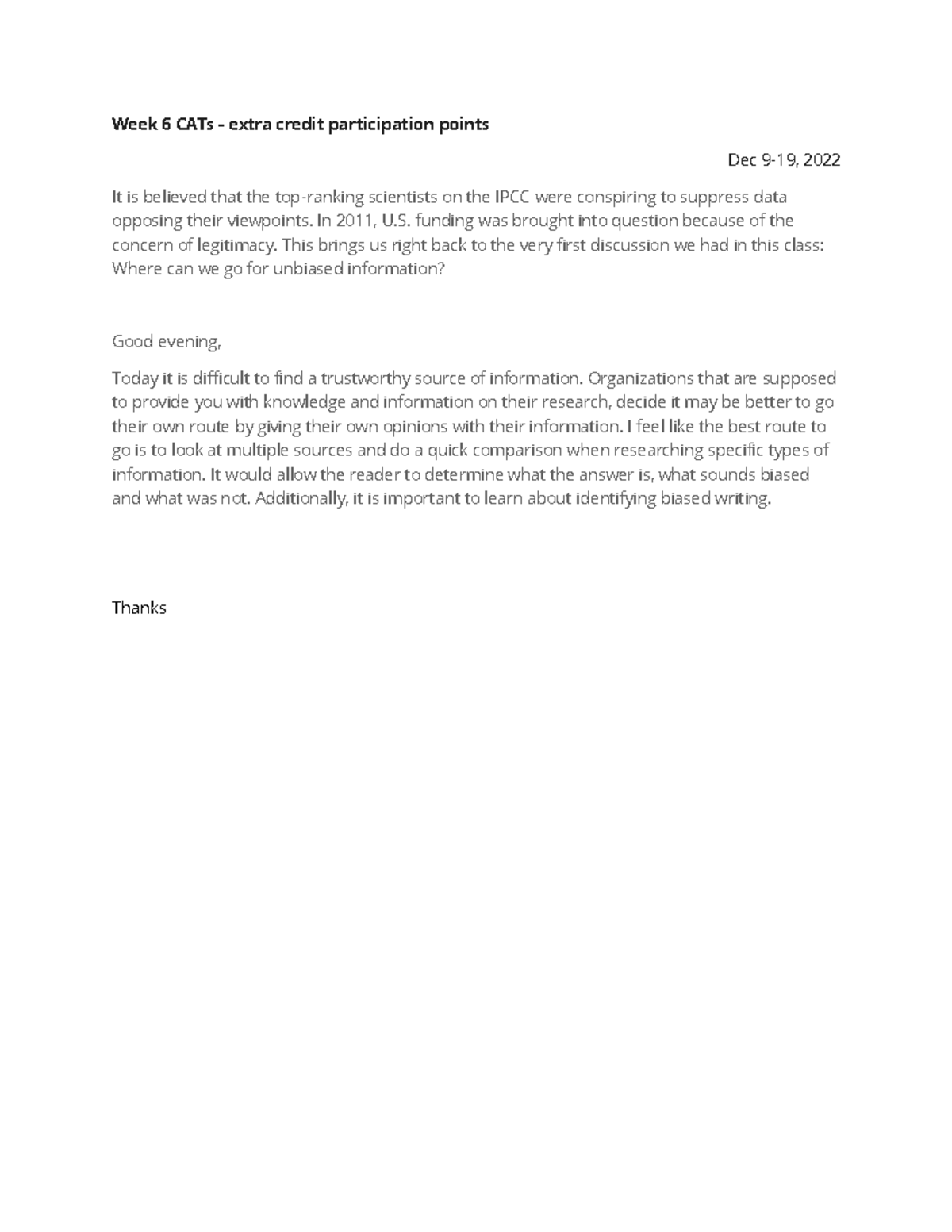 BIO 220 Week 6 CATs - extra credit participation points - Week 6 CATs ...