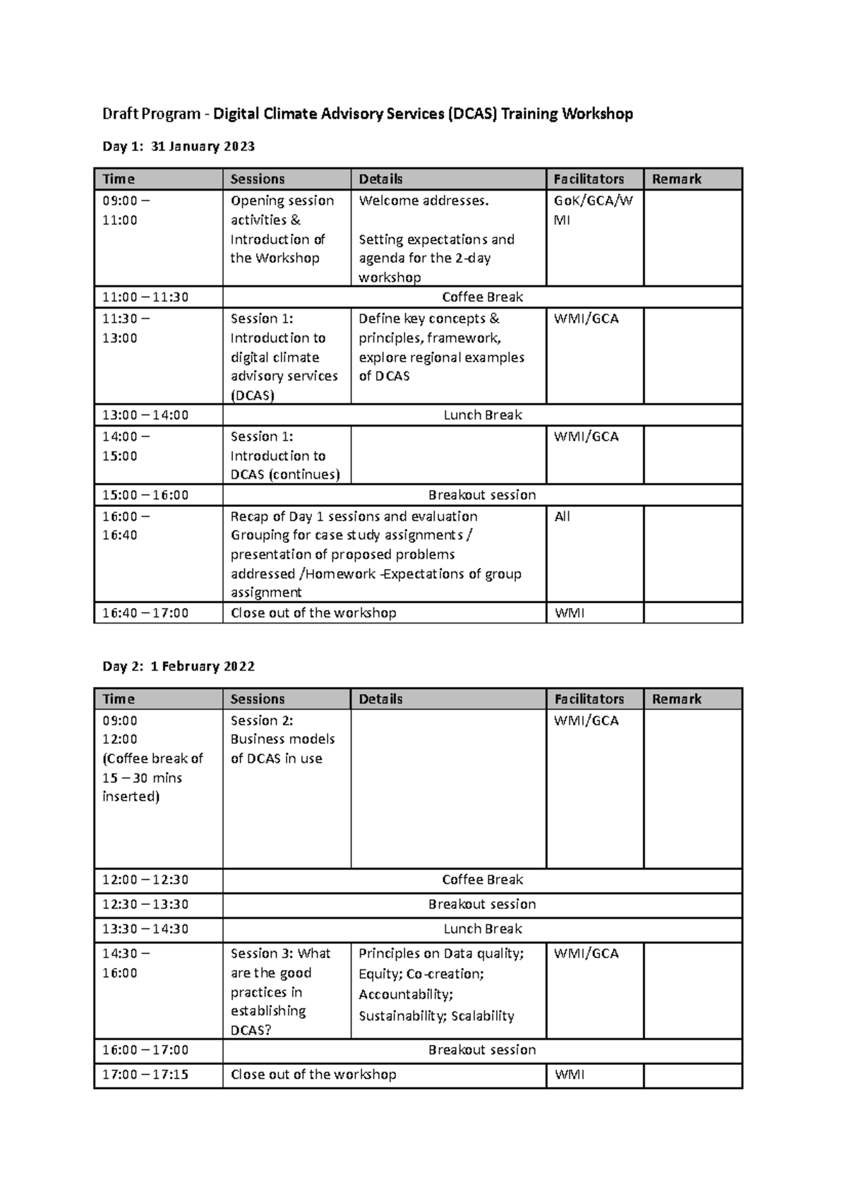 Draft Program of Training session- DCAS East Africa Training Workshop ...