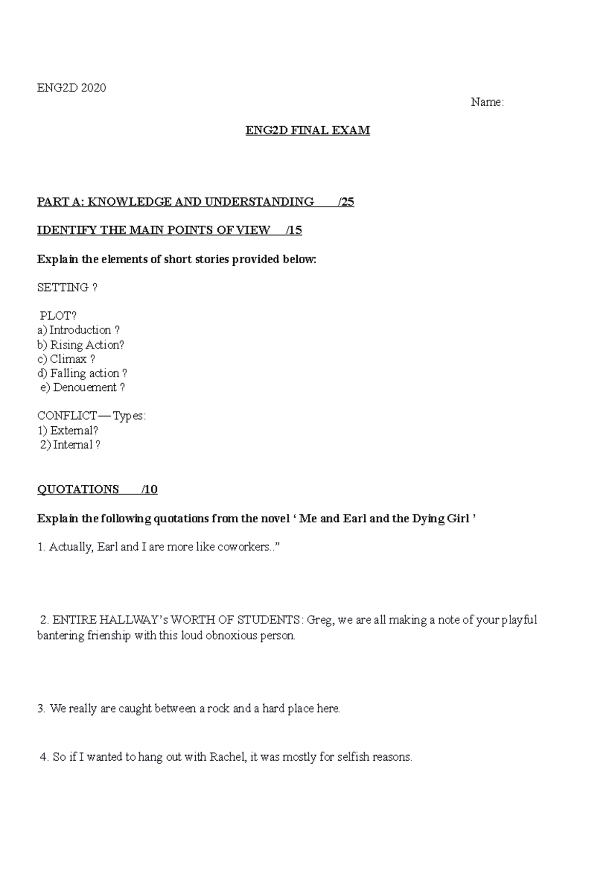 Final revision exam updated ENG2D - ENG2D 2020 Name: ENG2D FINAL EXAM ...