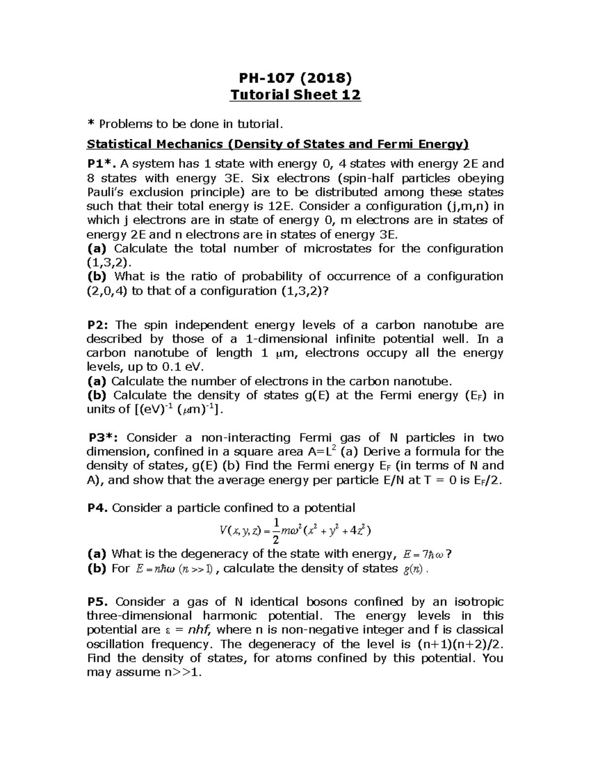 Tut12a - TUT 12 - PH-107 (2018) Tutorial Sheet 12 ***** Problems to be ...
