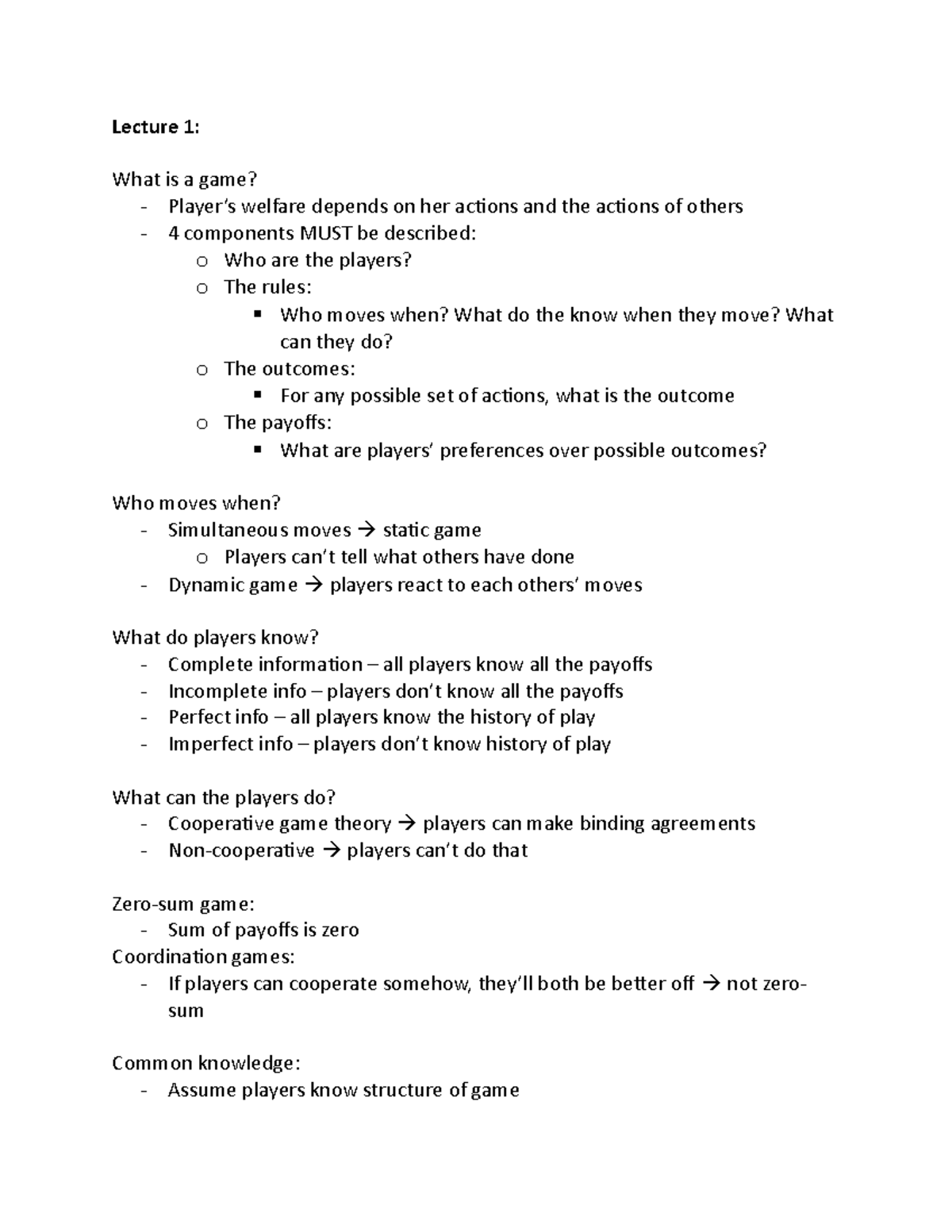 Lecture 1: What is a game? - Finite vs. infinite game: - Assuming ...