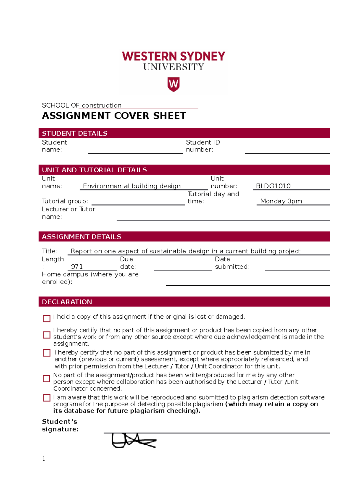 Sustainable design assignment 2 - SCHOOL OF construction ASSIGNMENT ...