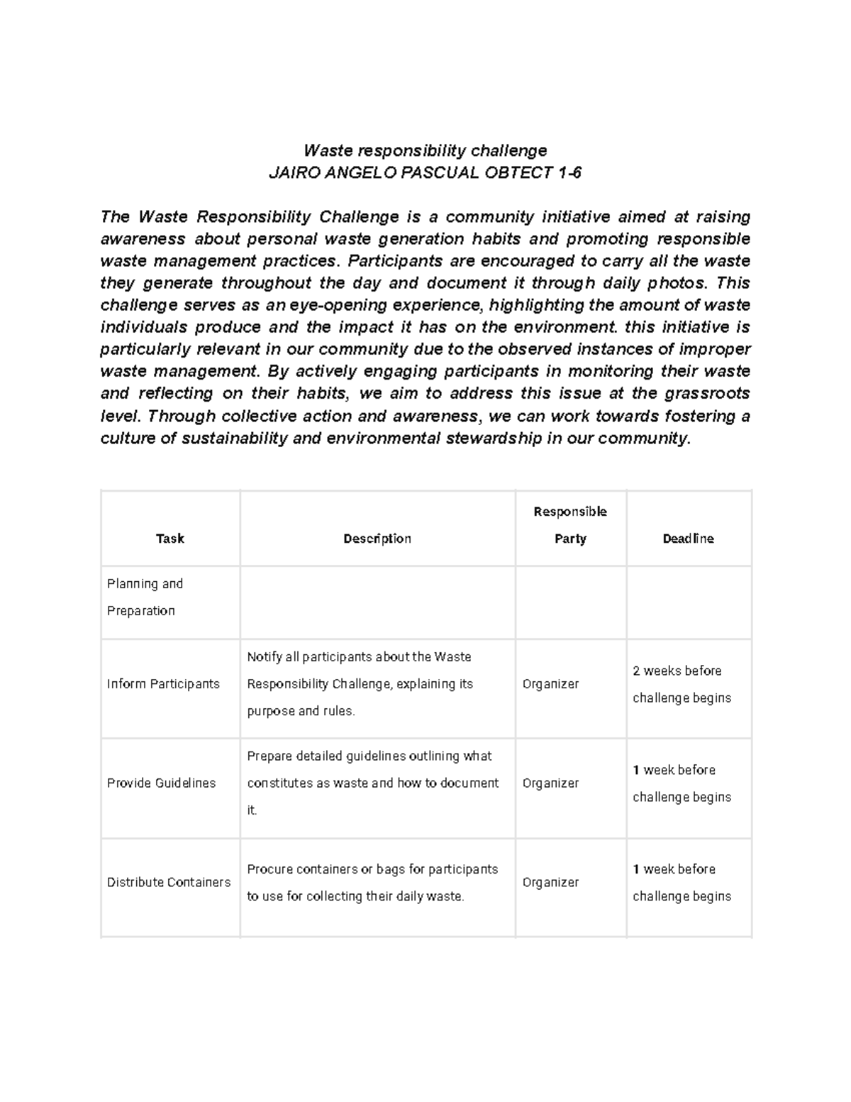 Action PLAN for the environment - Waste responsibility challenge JAIRO ...