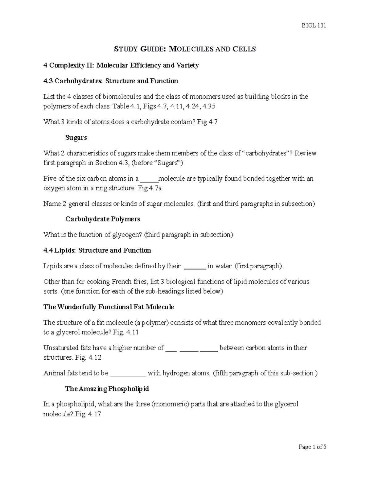 Study Guide Molecules and Cells - STUDY GUIDE: MOLECULES AND CELLS 4 ...