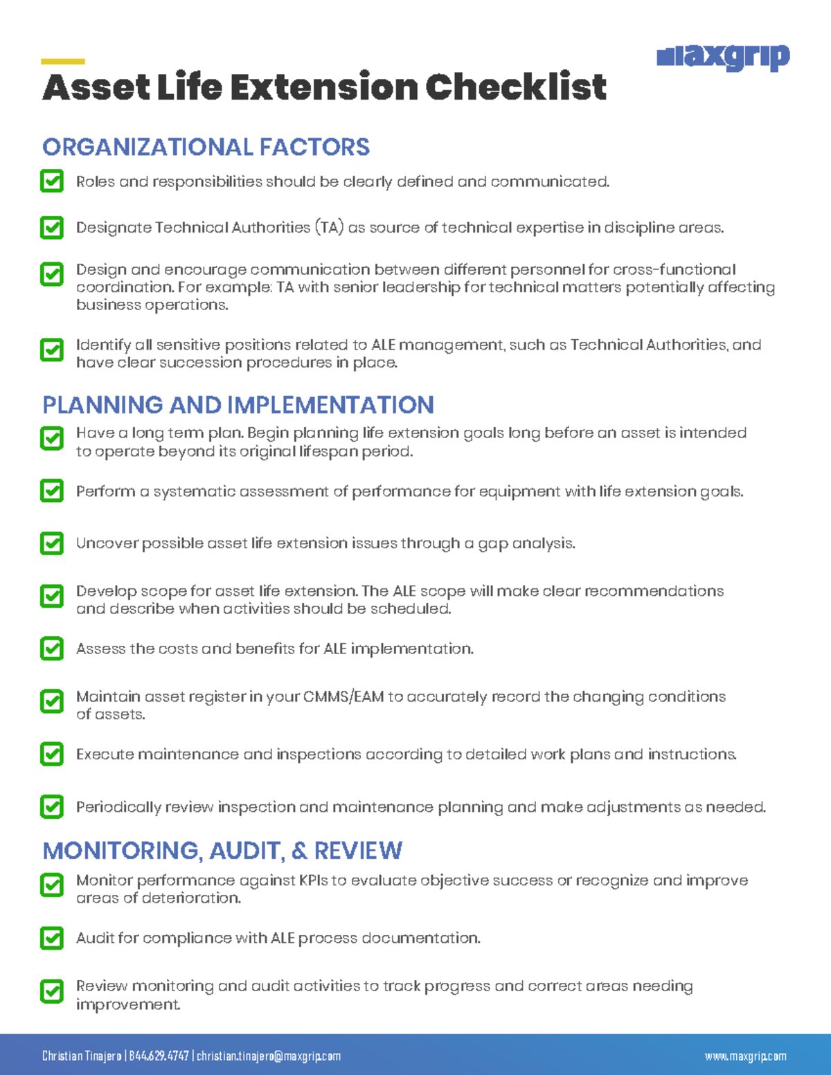 Asset Life Extension checklist - Roles and responsibilities should be ...