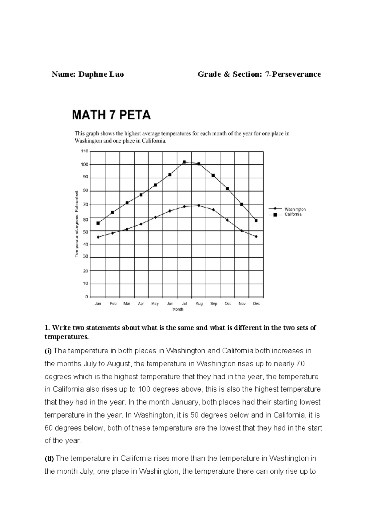 Grade 7- Math PETA- 1. Write two statements about what is the same and ...