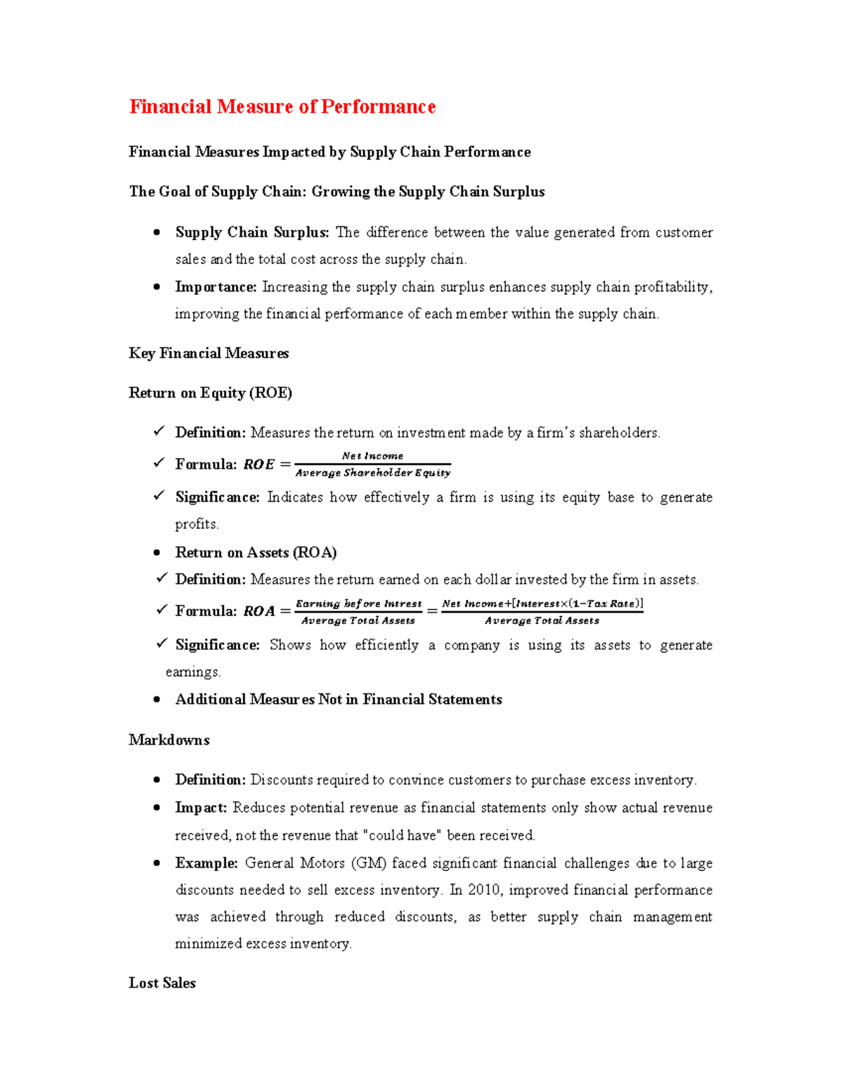 SCM Unit 2a - notes - Financial Measure of Performance Financial ...