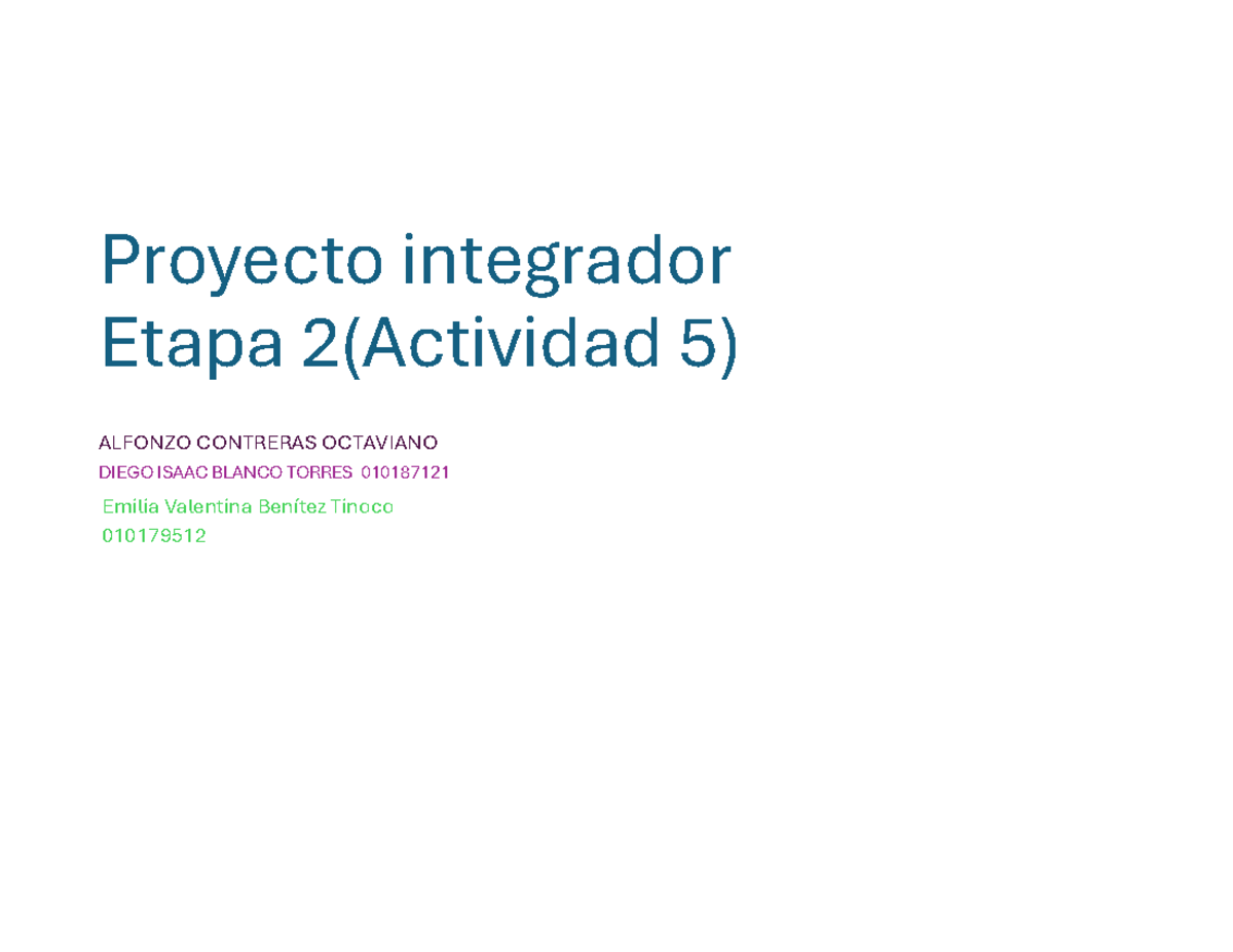 Proyecto integrador Etapa 2 actividad 5 - Proyecto integrador Etapa 2(Actividad 5) ALFONZO ...