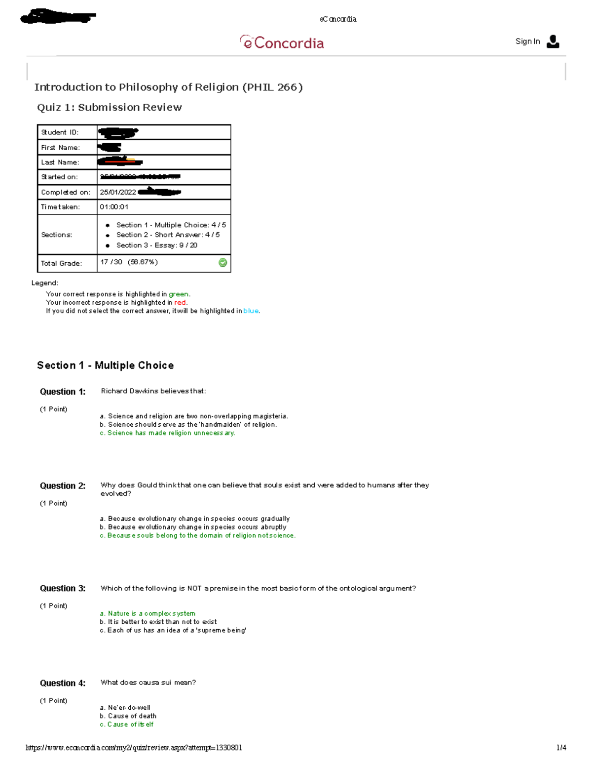 E Concordia quiz 1 - quiz1 - 17 / 30 (56%) Introduction to Philosophy ...