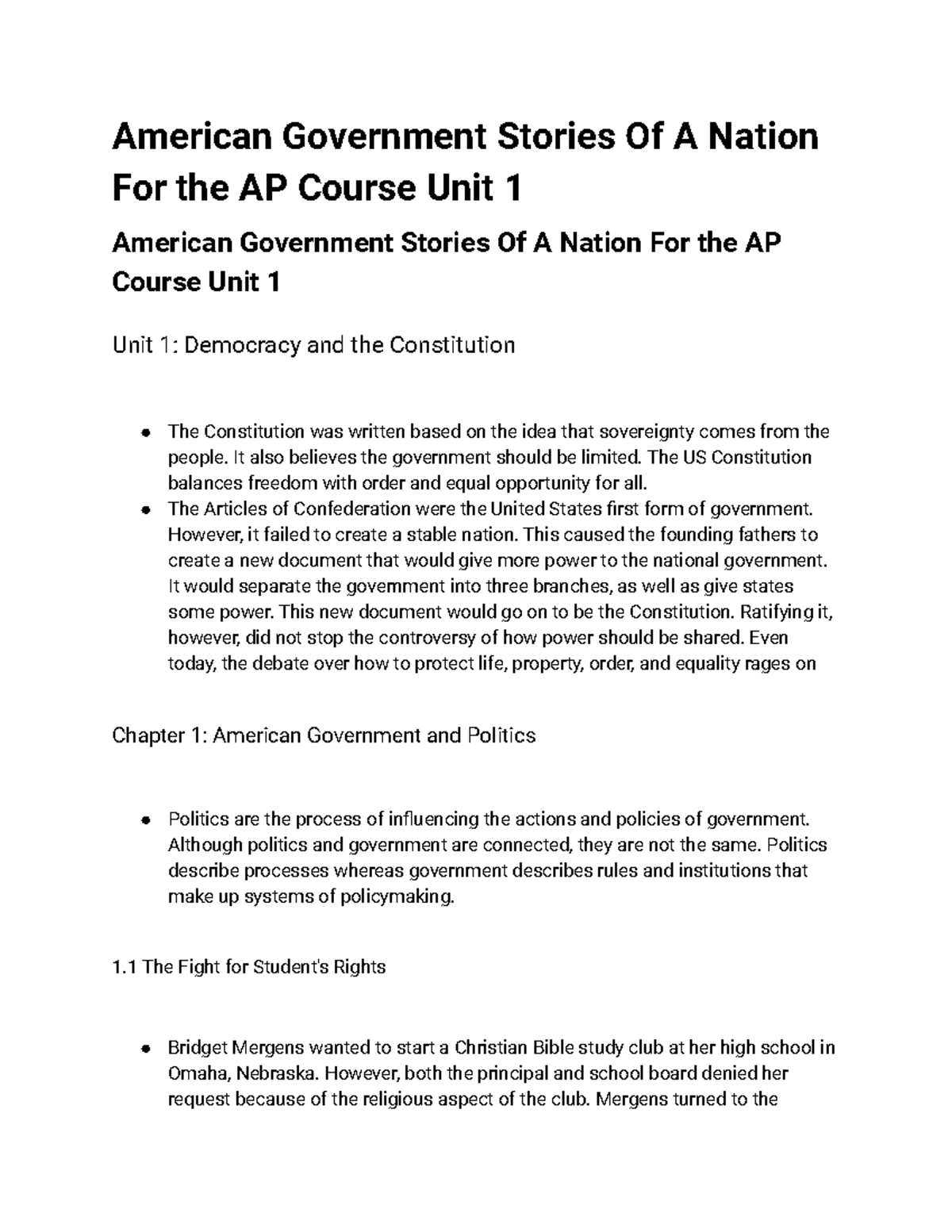 Unit 1 ap gov - Unit 1 reading summary - American Government Stories Of ...
