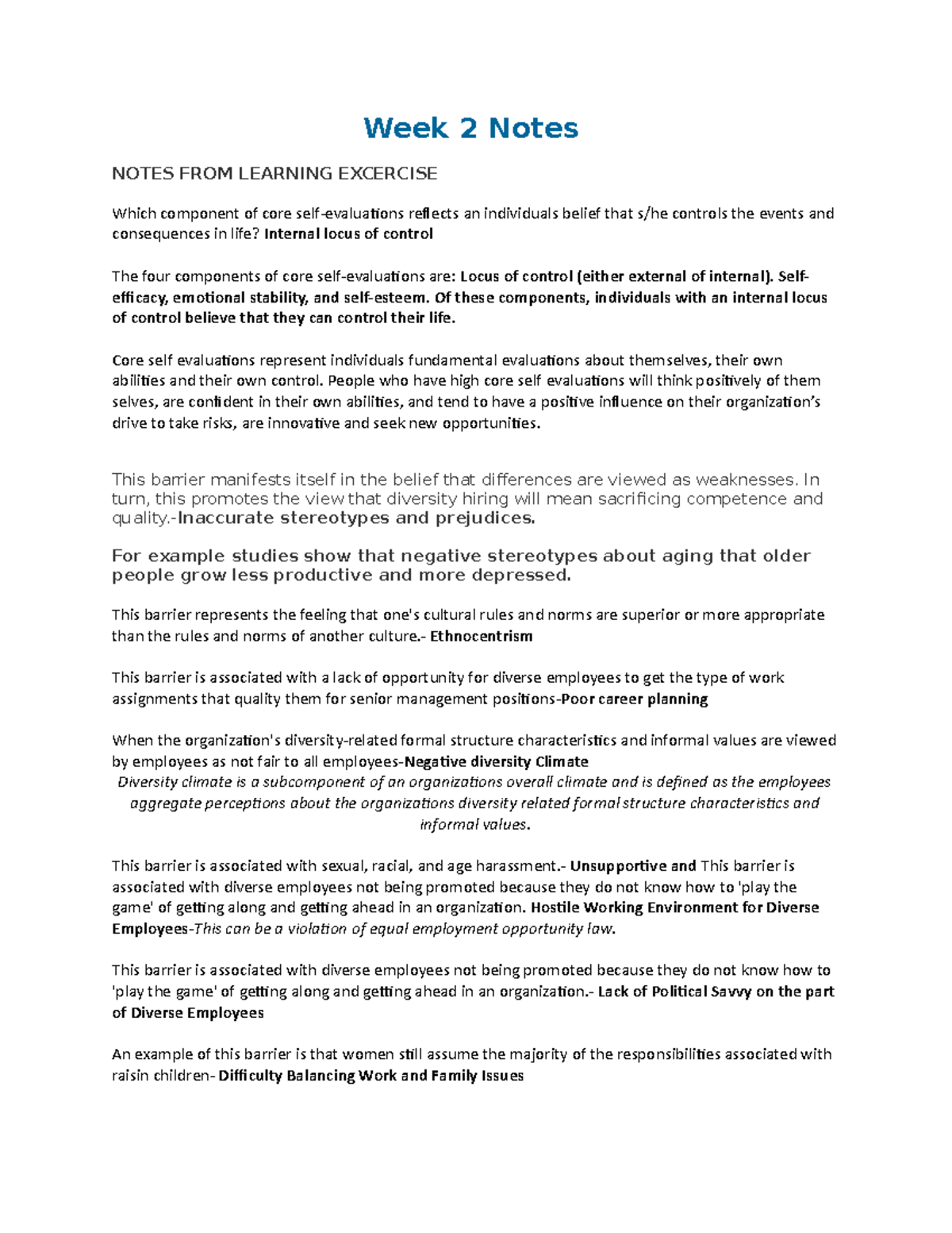 Week two and three Notes - Week 2 Notes NOTES FROM LEARNING EXCERCISE ...