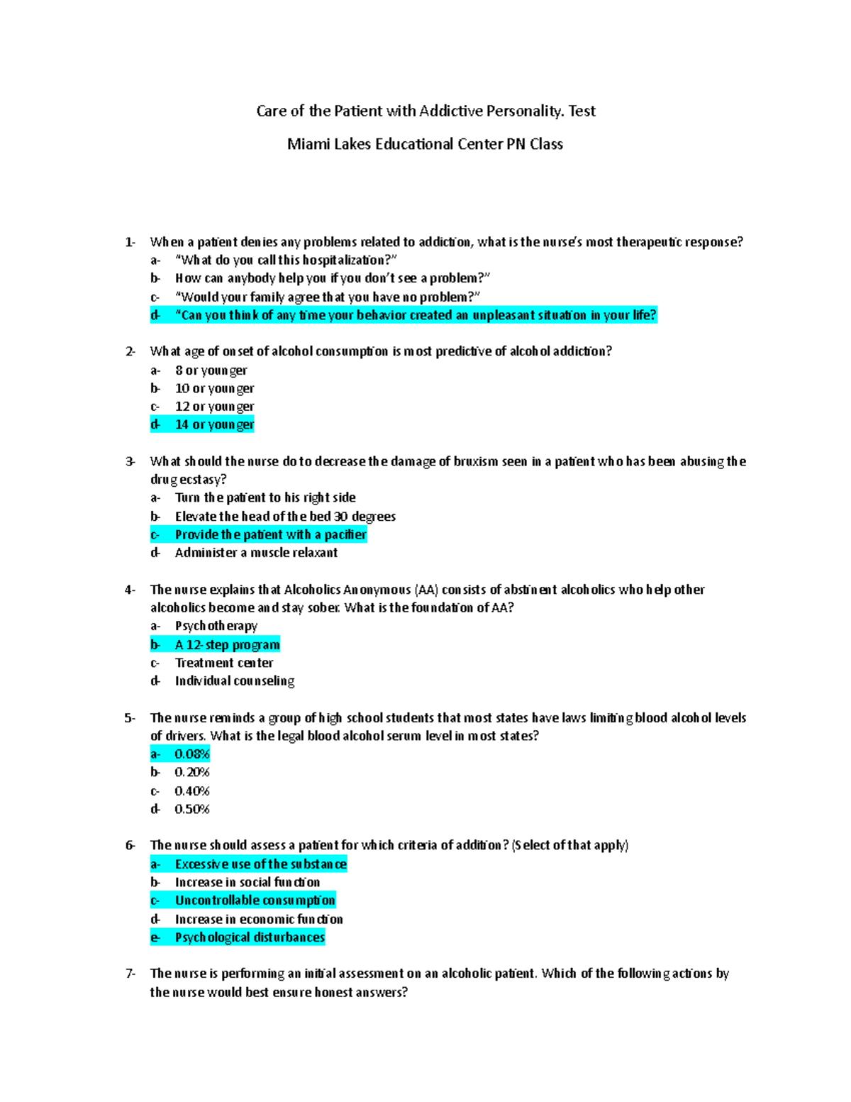 Addictive Personality Test and study guide - Care of the Patient with ...