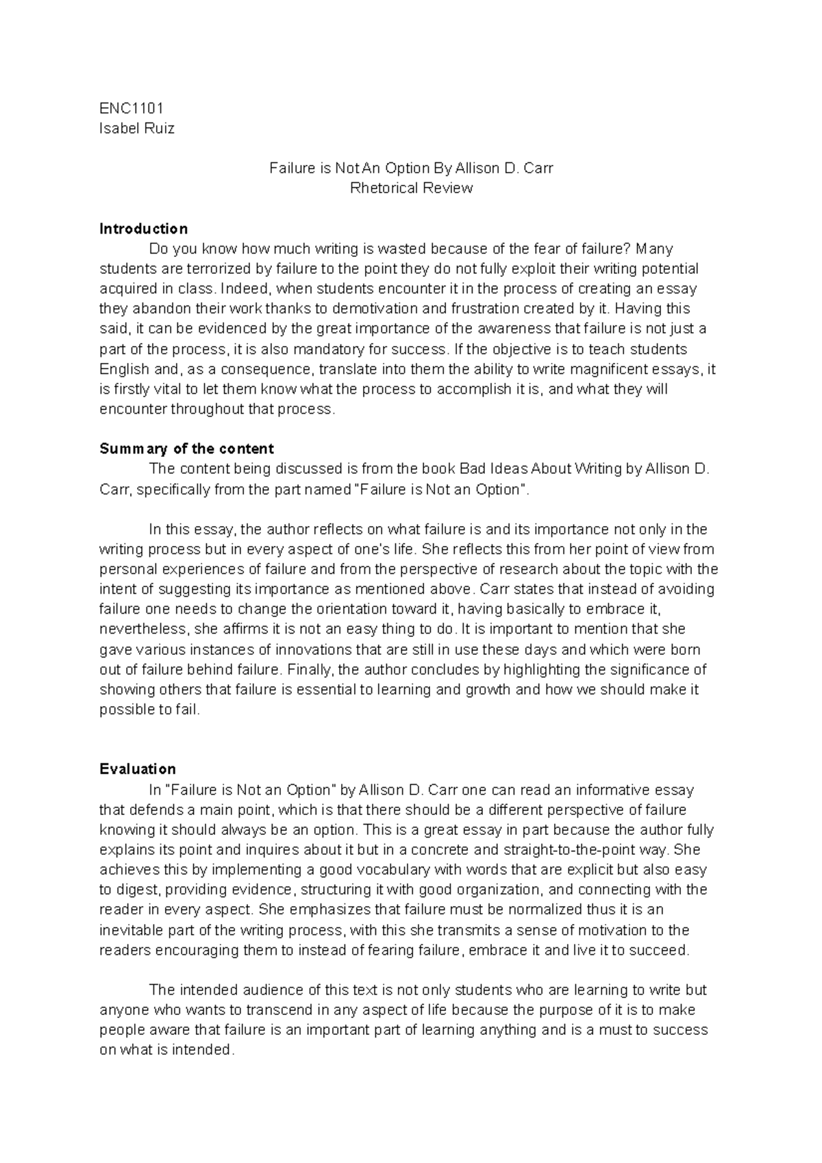 Rhetorical Review - ENC Isabel Ruiz Failure is Not An Option By Allison ...