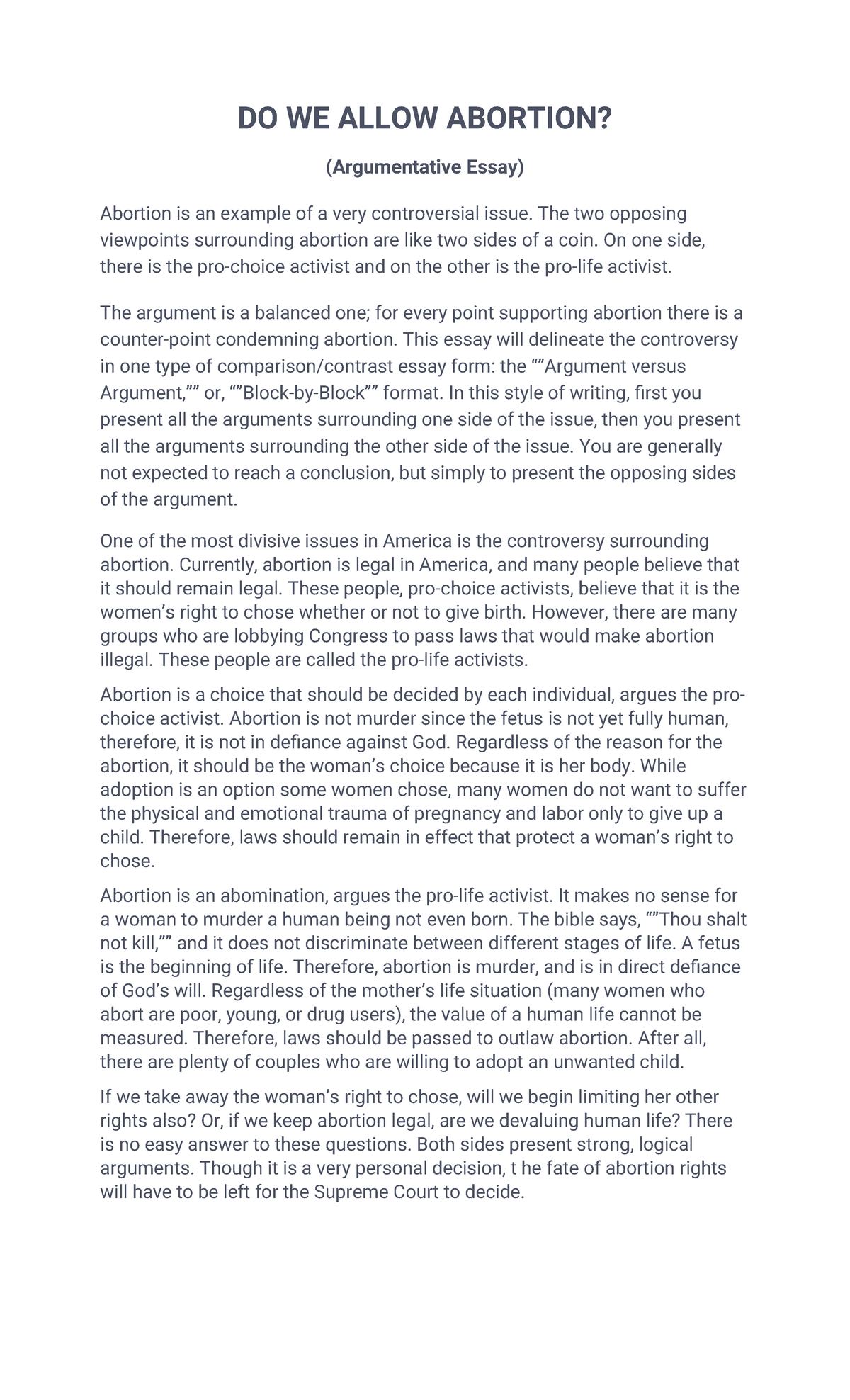 Abortion essay for - DO WE ALLOW ABORTION? (Argumentative Essay ...