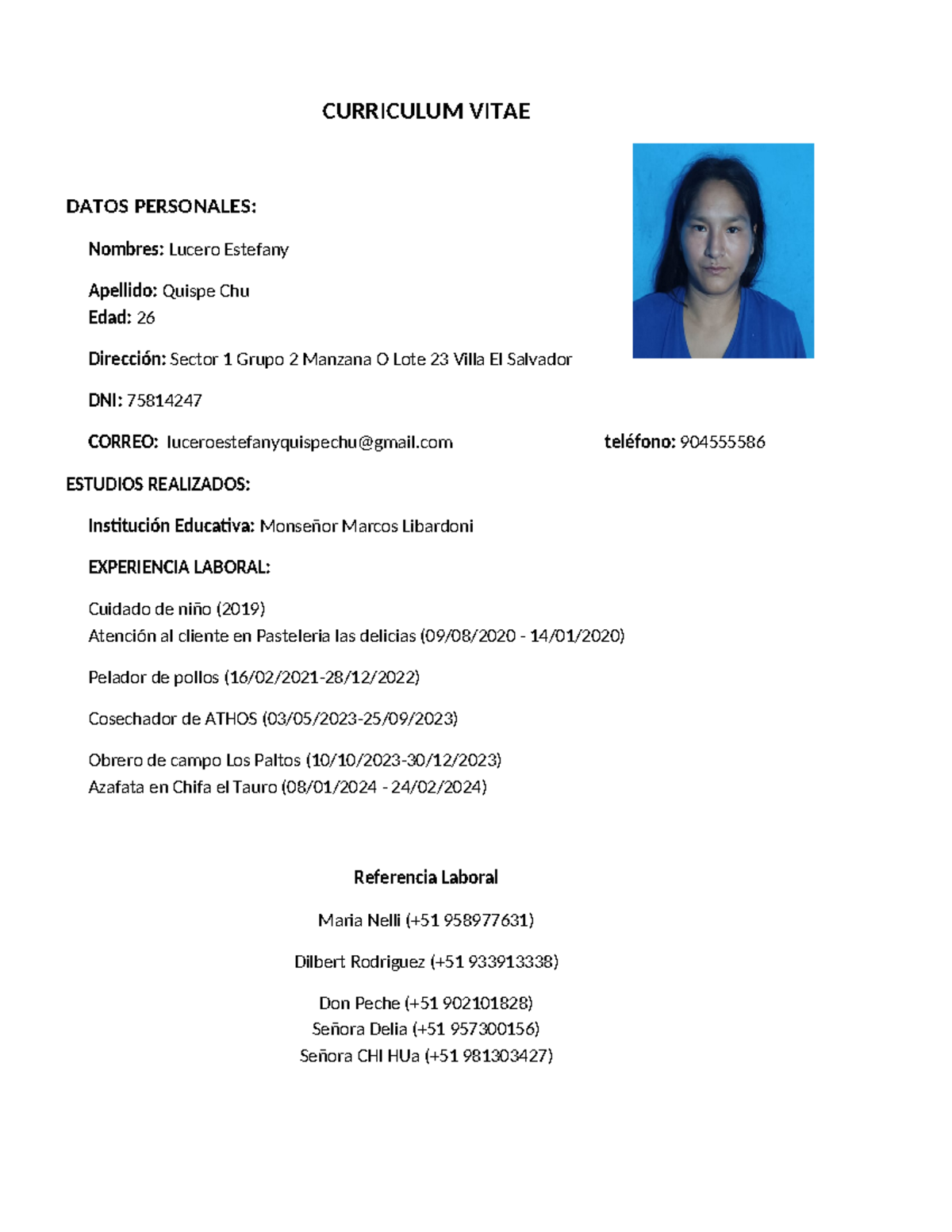 Curriculum- Vitae-LUcero Estefany Quispe Chu - CURRICULUM VITAE DATOS PERSONALES: Nombres ...