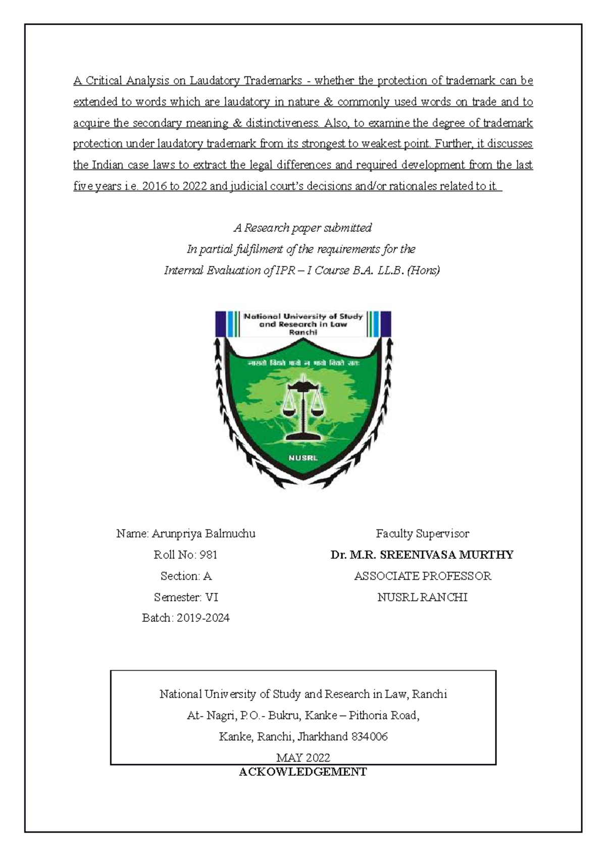 A Critical Analysis on Laudatory Trademarks - Also, to examine the ...