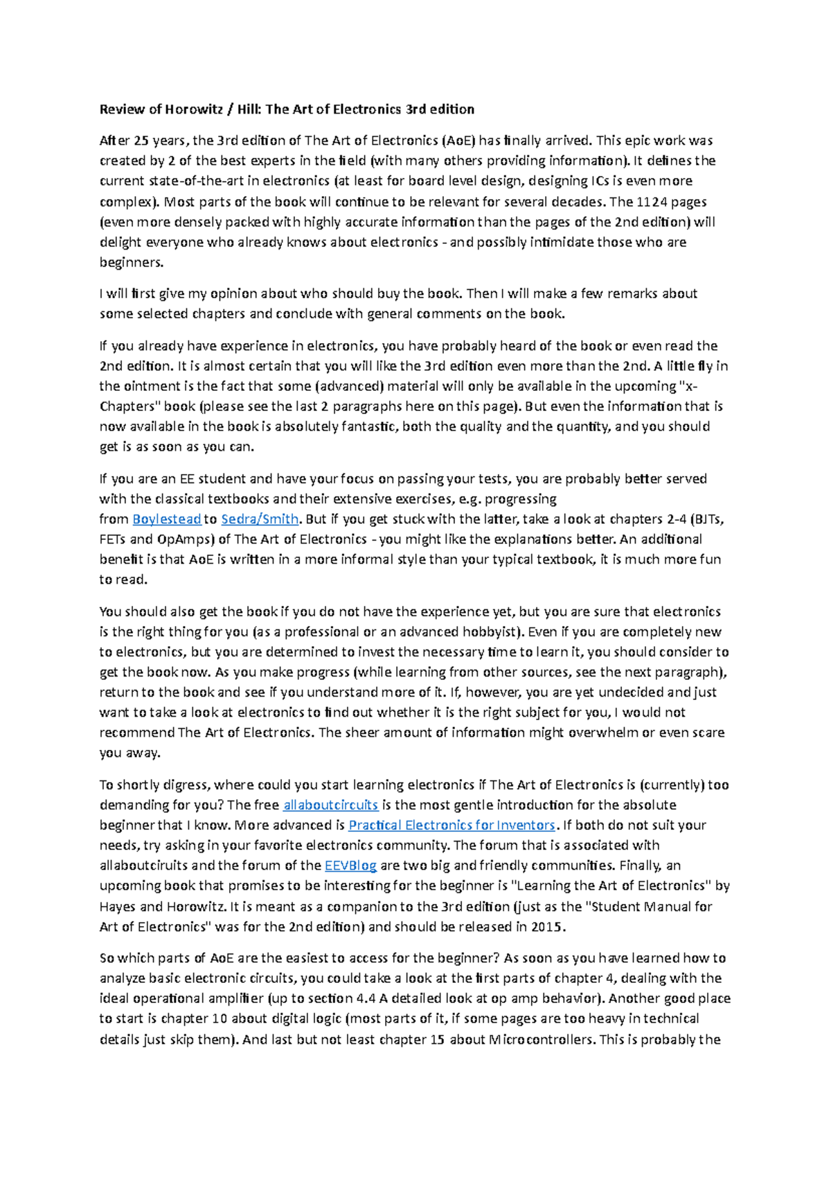 Review - Summary The Art of Electronics - Review of Horowitz Hill: The ...