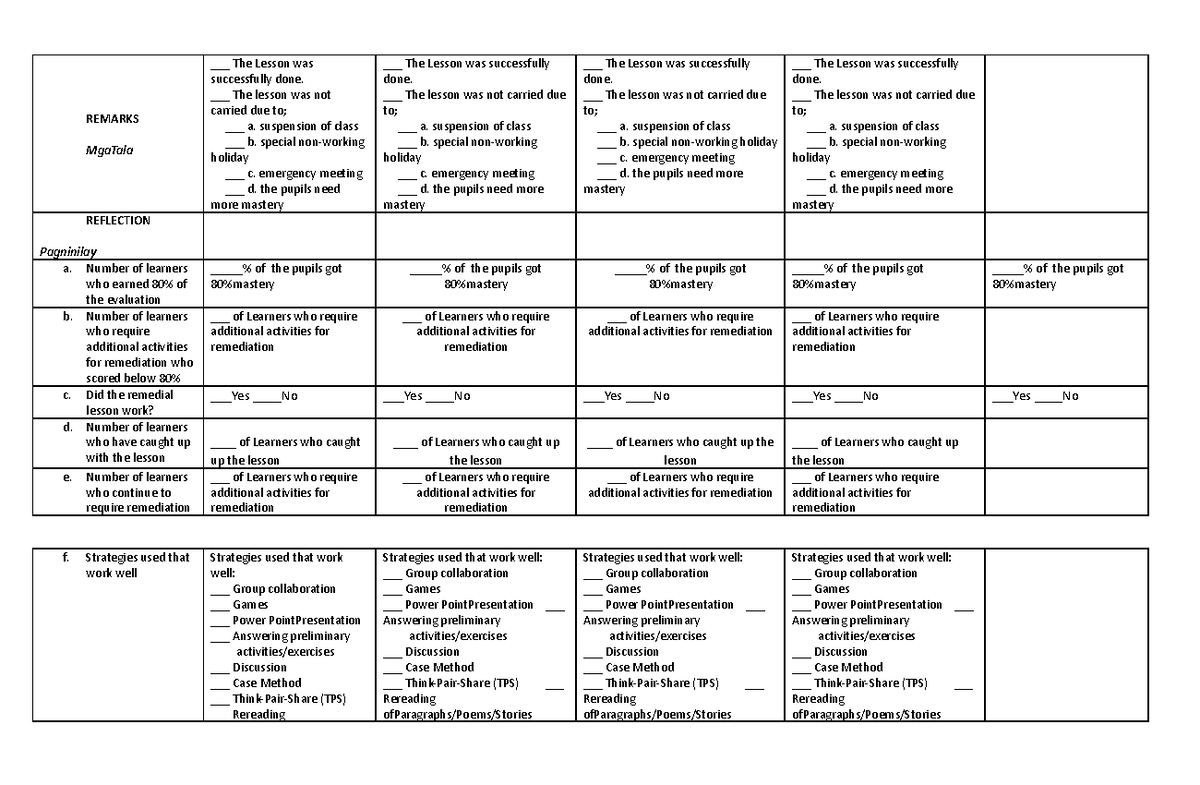 DLL- Sheet- Remarks - none - REMARKS MgaTala ___ The Lesson was ...