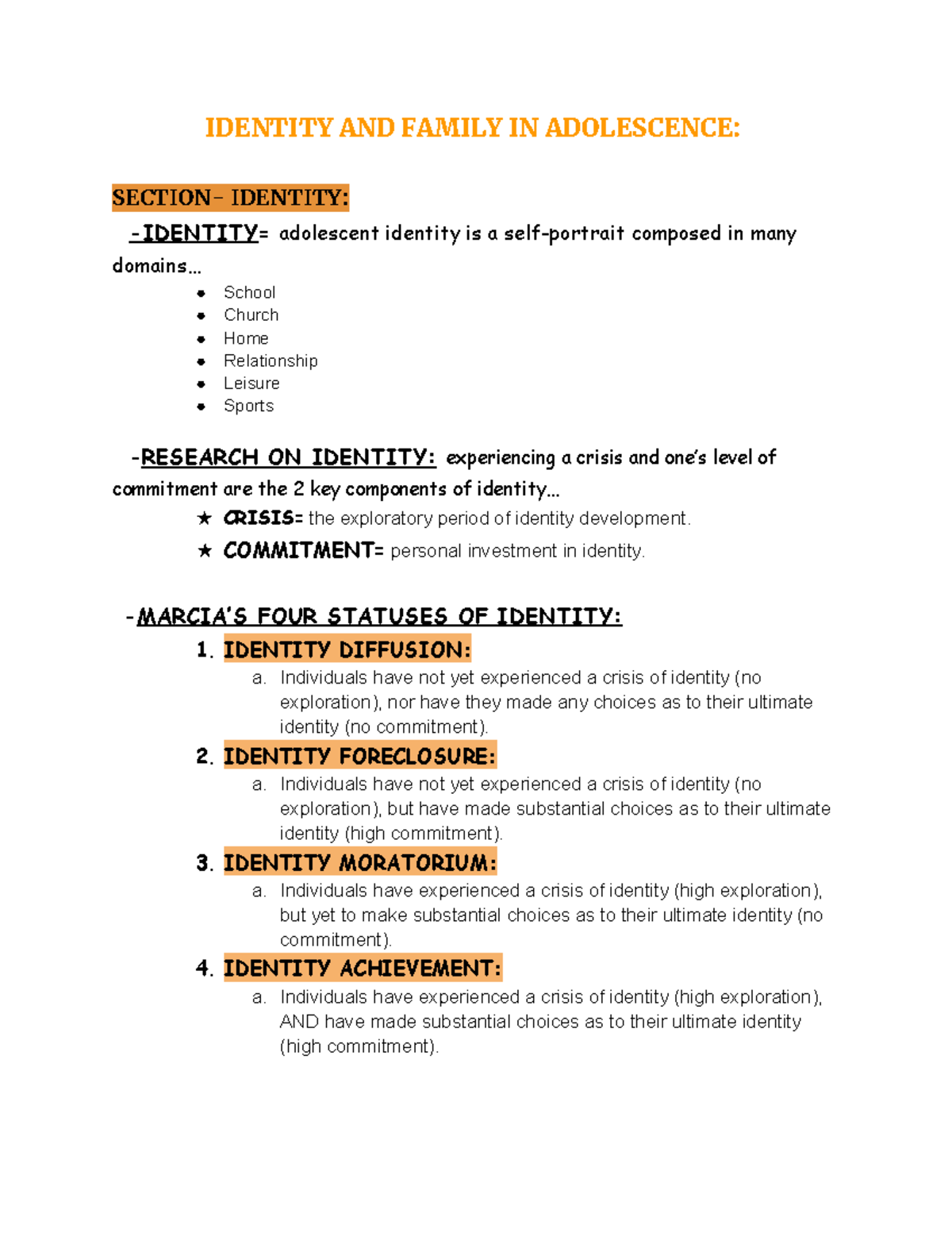 Identity AND Family In Adolescence Notes - IDENTITY AND FAMILY IN ...