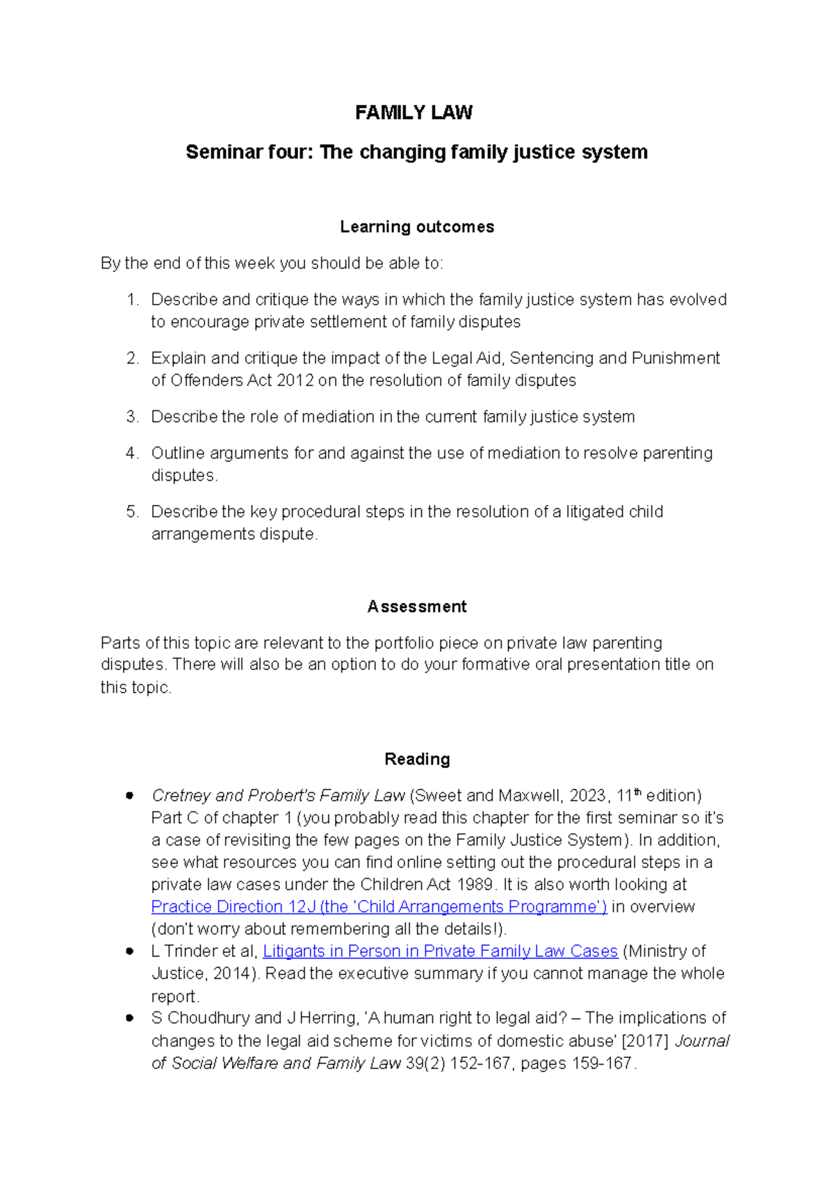 Seminar 4 - FAMILY LAW Seminar four: The changing family justice system ...