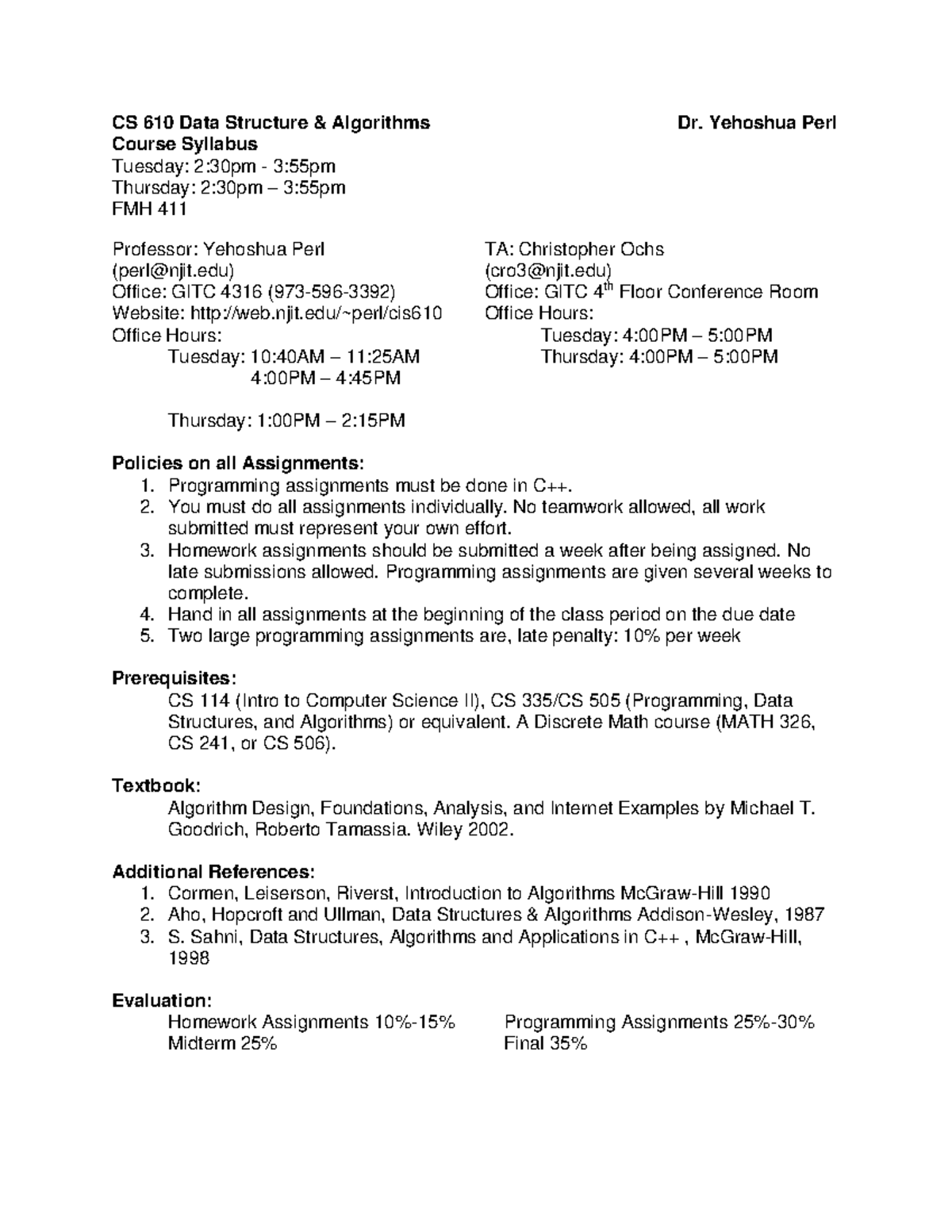 Syllabus hcbybsjchyu hjdcbu khchb xj bbkjc jk - CS 610 Data Structure & Algorithms Dr. Yehoshua ...