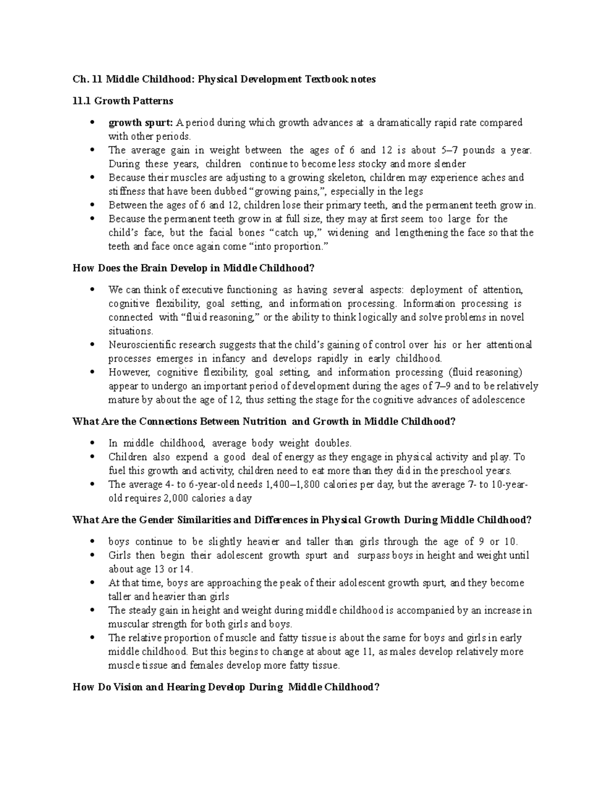 Ch. 11 Middle Childhood Physical Development Textbook notes - Ch. 11 ...