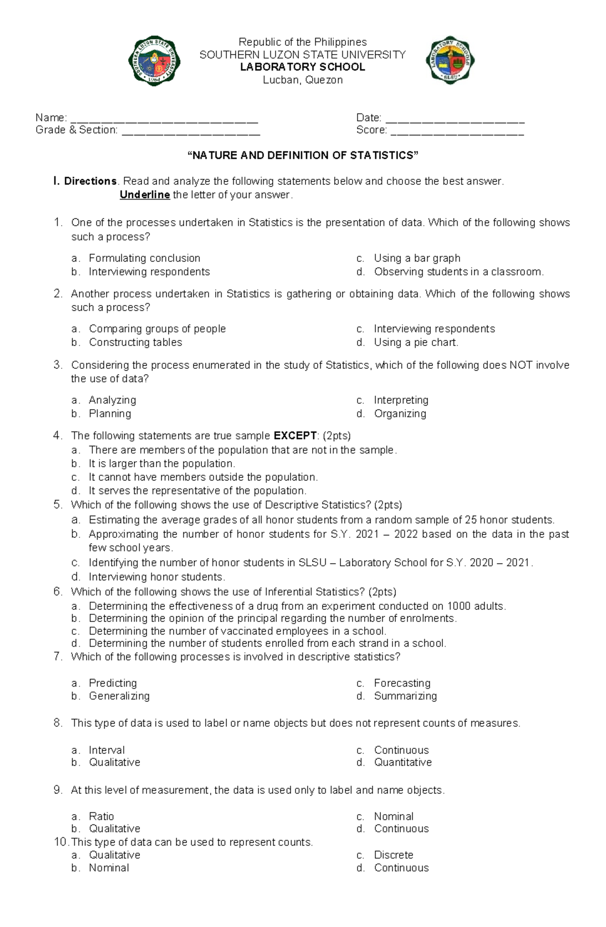Nature and Types of Data (Quiz 1) - Republic of the Philippines ...
