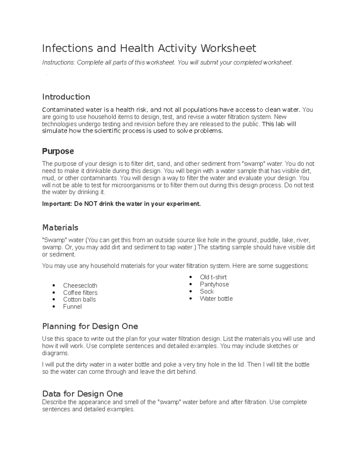 06.05 Infections and Health - Infections and Health Activity Worksheet ...