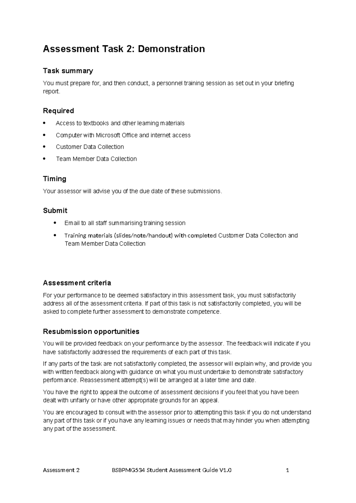 Assessment Task 2 v1 - Assessment Task 2: Demonstration Task summary ...