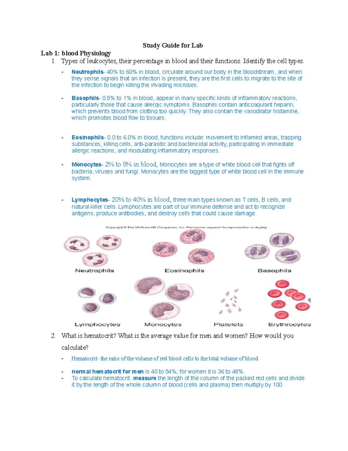 Lab exam 1 - LAB EXAM 1 DR. MENON - Study Guide for Lab Lab 1: blood ...