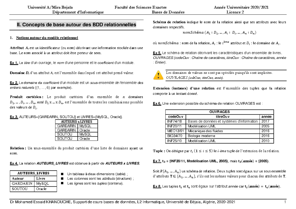 Chapitre 2 – Concepts de base autour des BDDR - Université A/Mira Bejaïa Faculté des Sciences ...