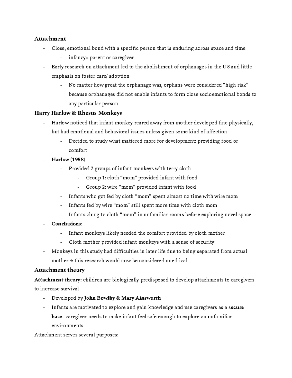 Developmental psychology unit 3 - Attachment Close, emotional bond with ...
