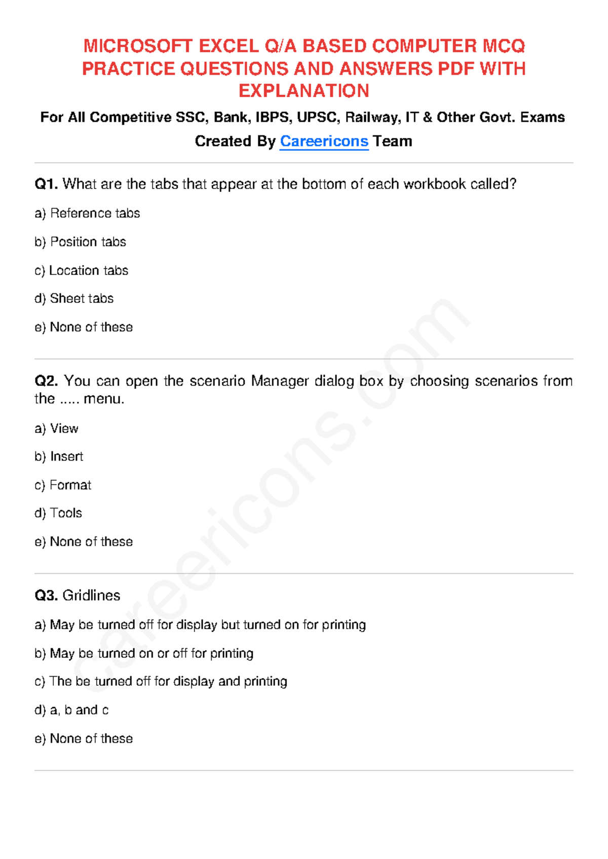 143 microsoft excel qa based computer MCQ MS excel set 2 question answer with explanation pdf ...