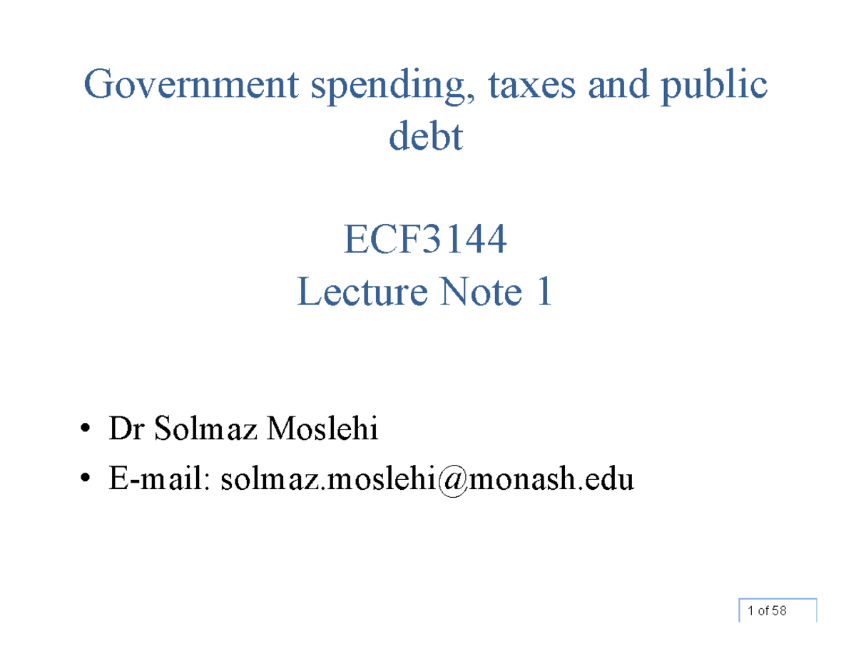 Lecture 01- ECF3144 ch01 - Government spending, taxes and public debt ...