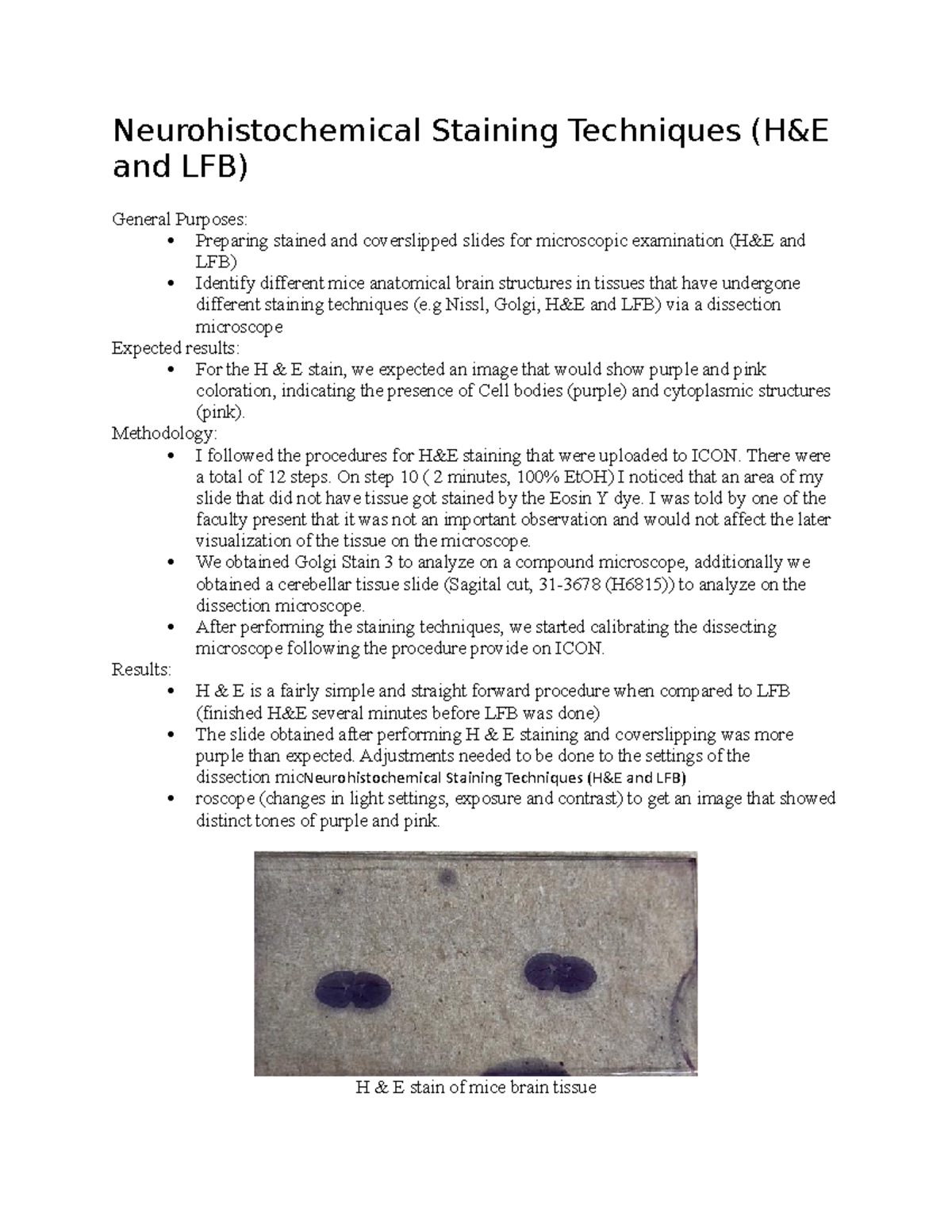 Week #2 - Neurobiology lab - Neurohistochemical Staining Techniques (H ...