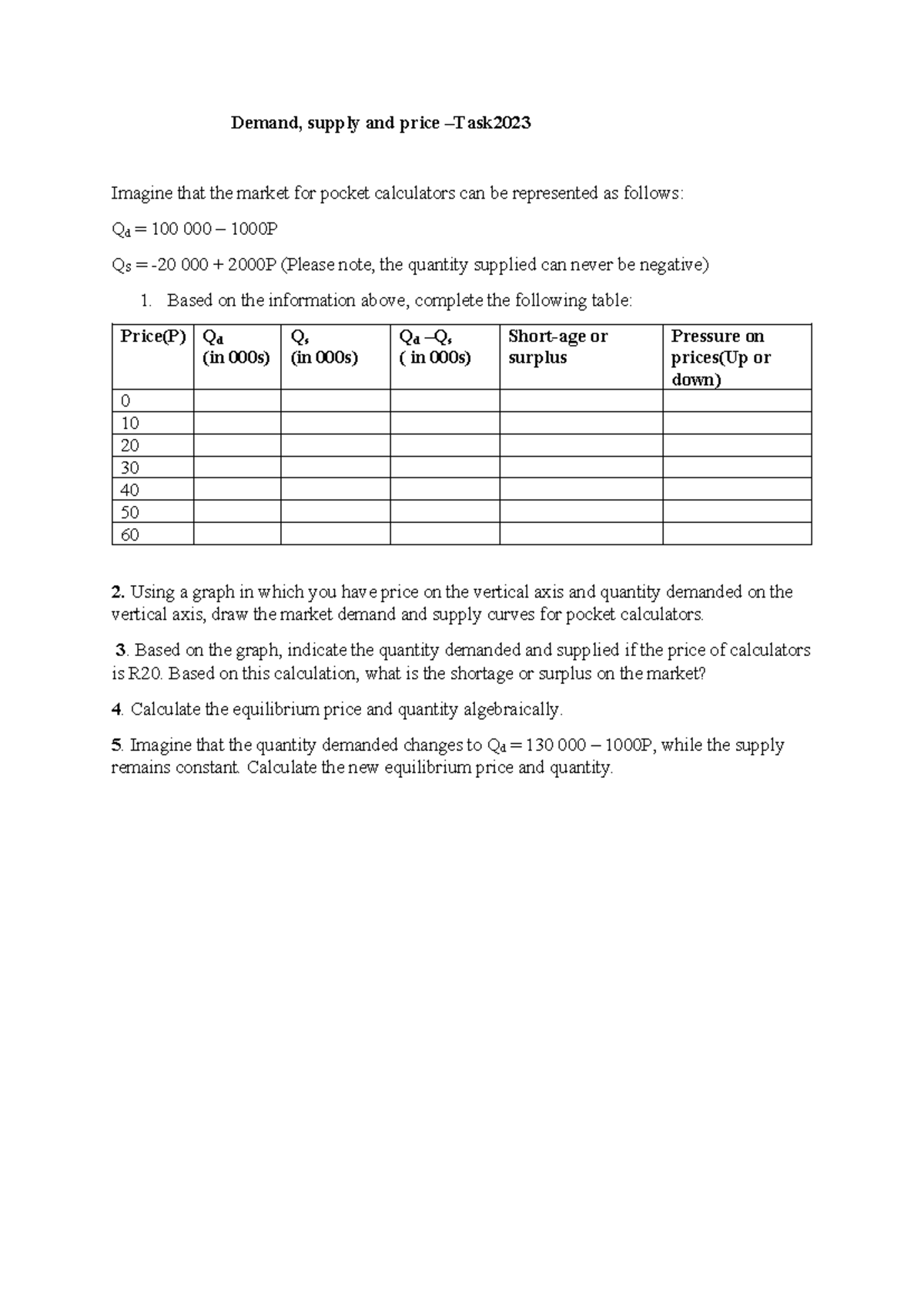 Demand & Supply Task 2023 - Demand, supply and price –Task Imagine that ...