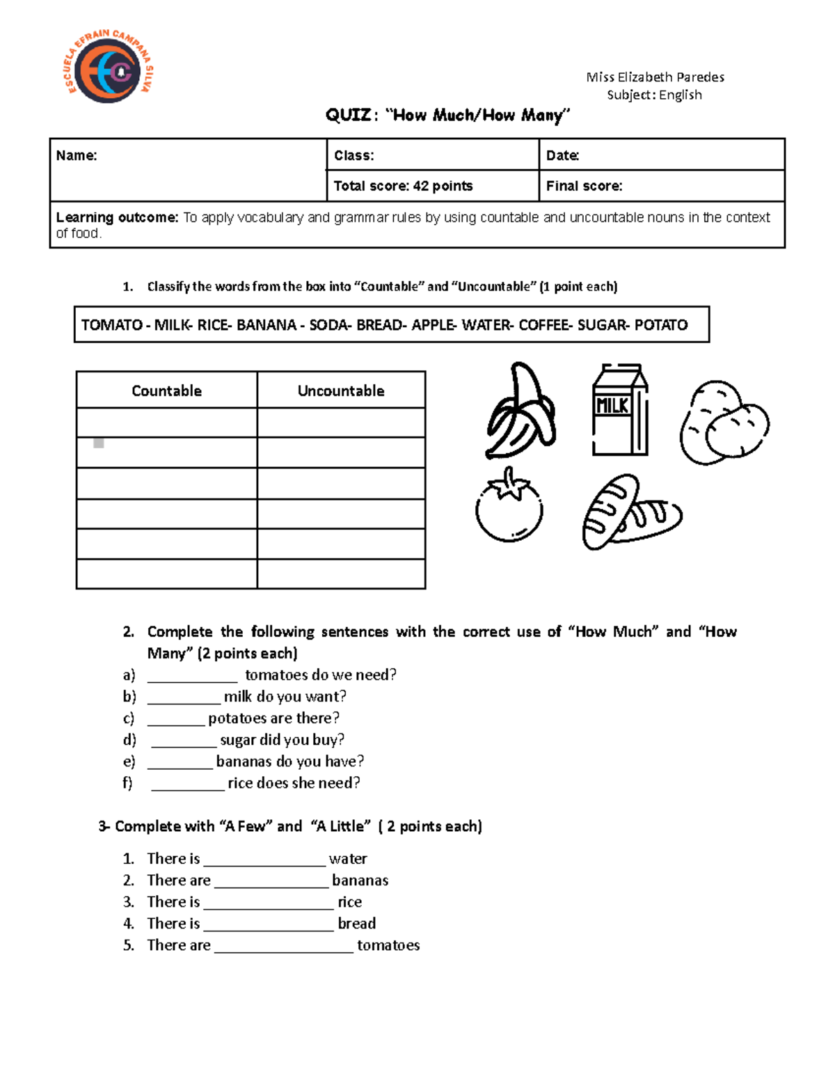 Quiz 7° how much how many - Miss Elizabeth Paredes Subject: English ...