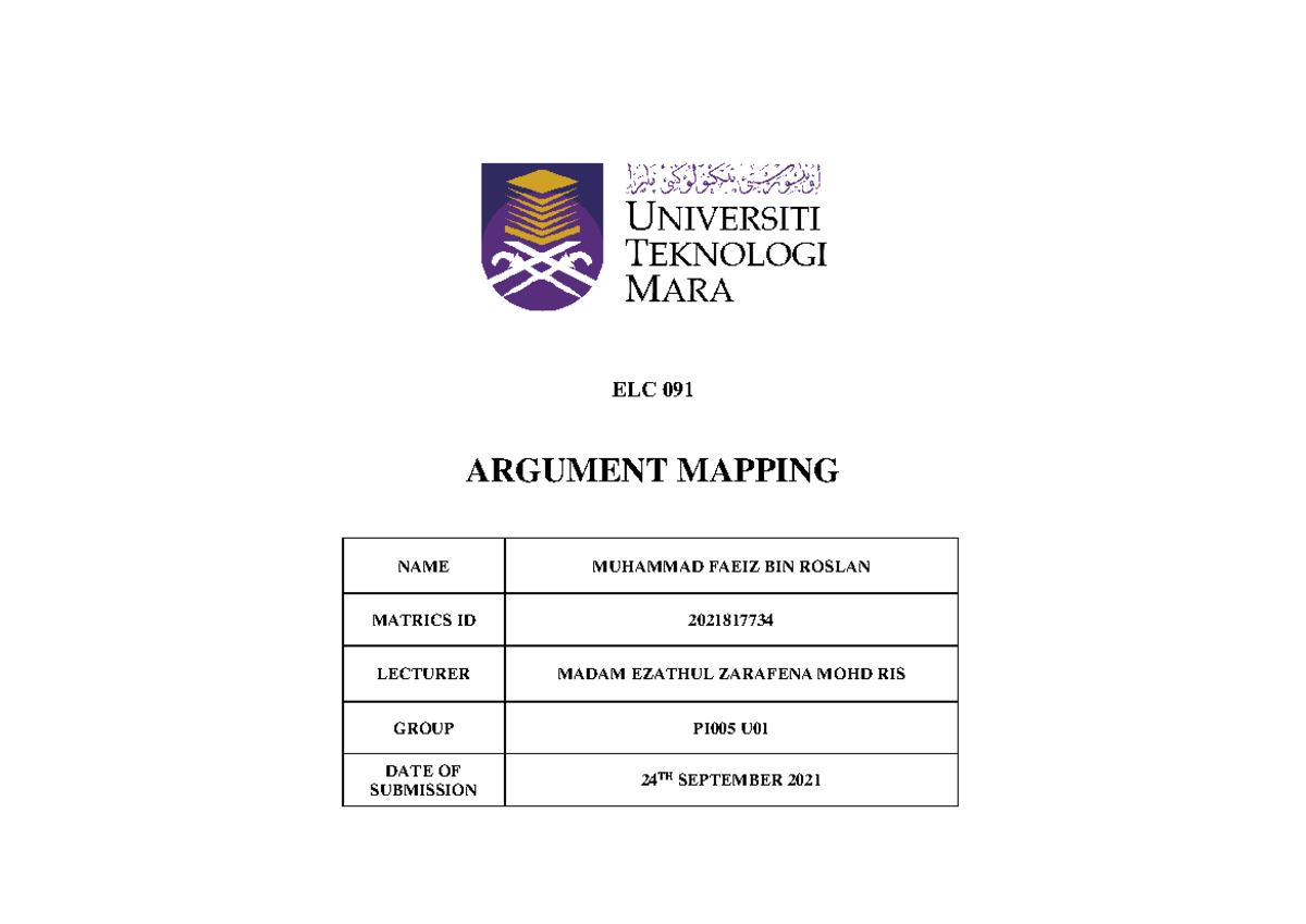 Argument Mapping Faeiz ELC091 - ELC 091 ARGUMENT MAPPING NAME MUHAMMAD FAEIZ BIN ROSLAN MATRICS ...