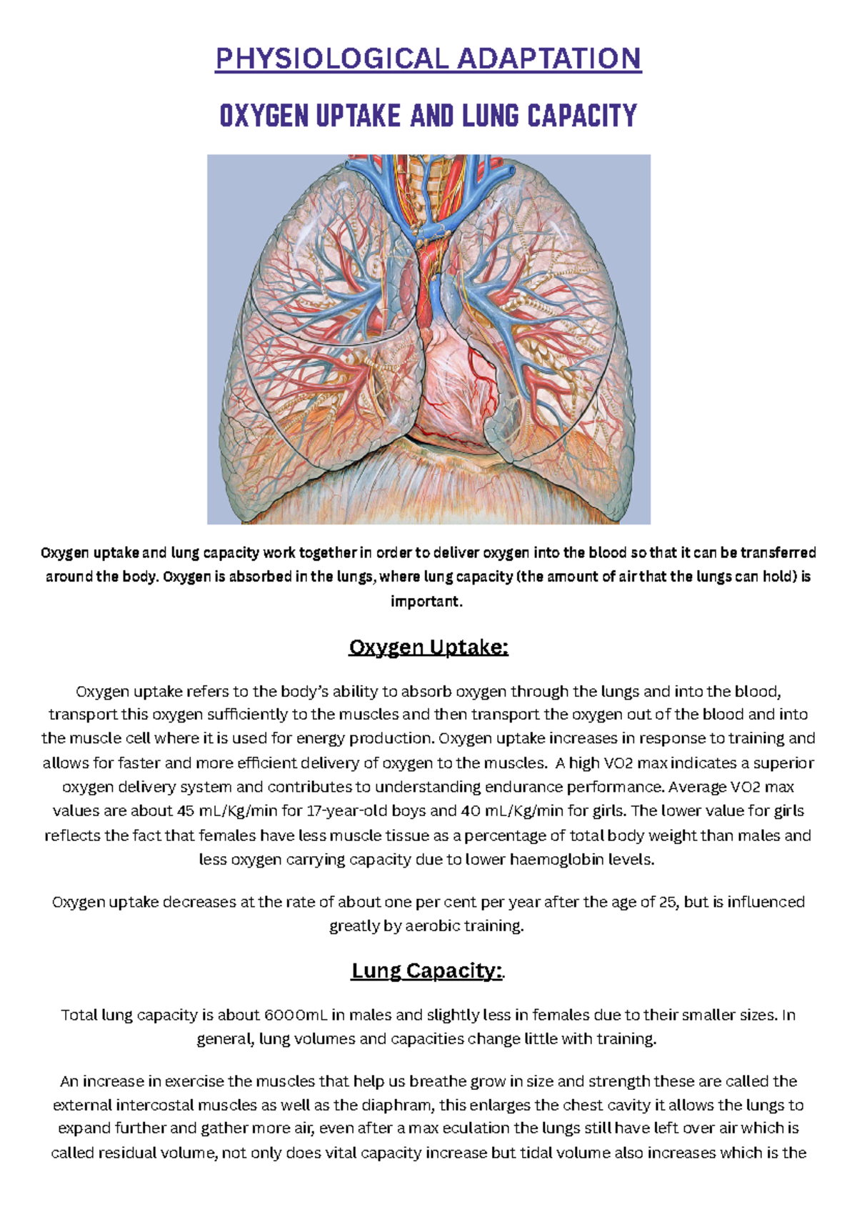 Oxygen Uptake AND LUNG Capacity - PHYSIOLOGICAL ADAPTATION OXYGEN ...