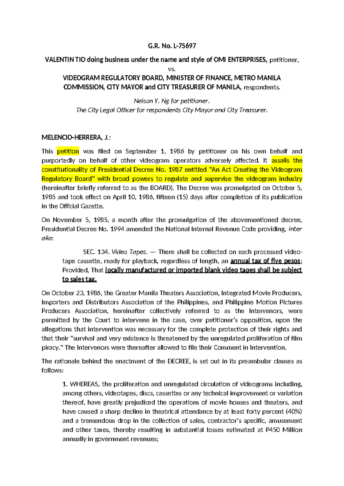 Tio vs. Videogram Regulatory Board L75697 1987 - G. No. L- VALENTIN TIO ...
