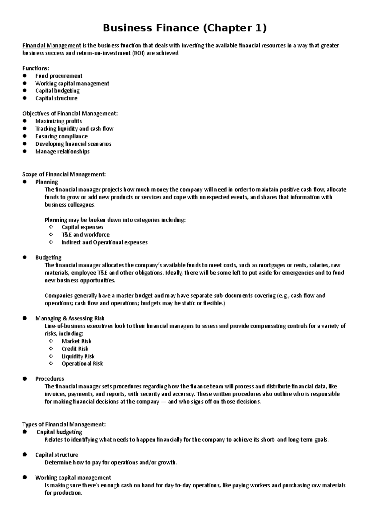 Business Finance Chap 1 Notes - Business Finance (Chapter 1) Financial ...
