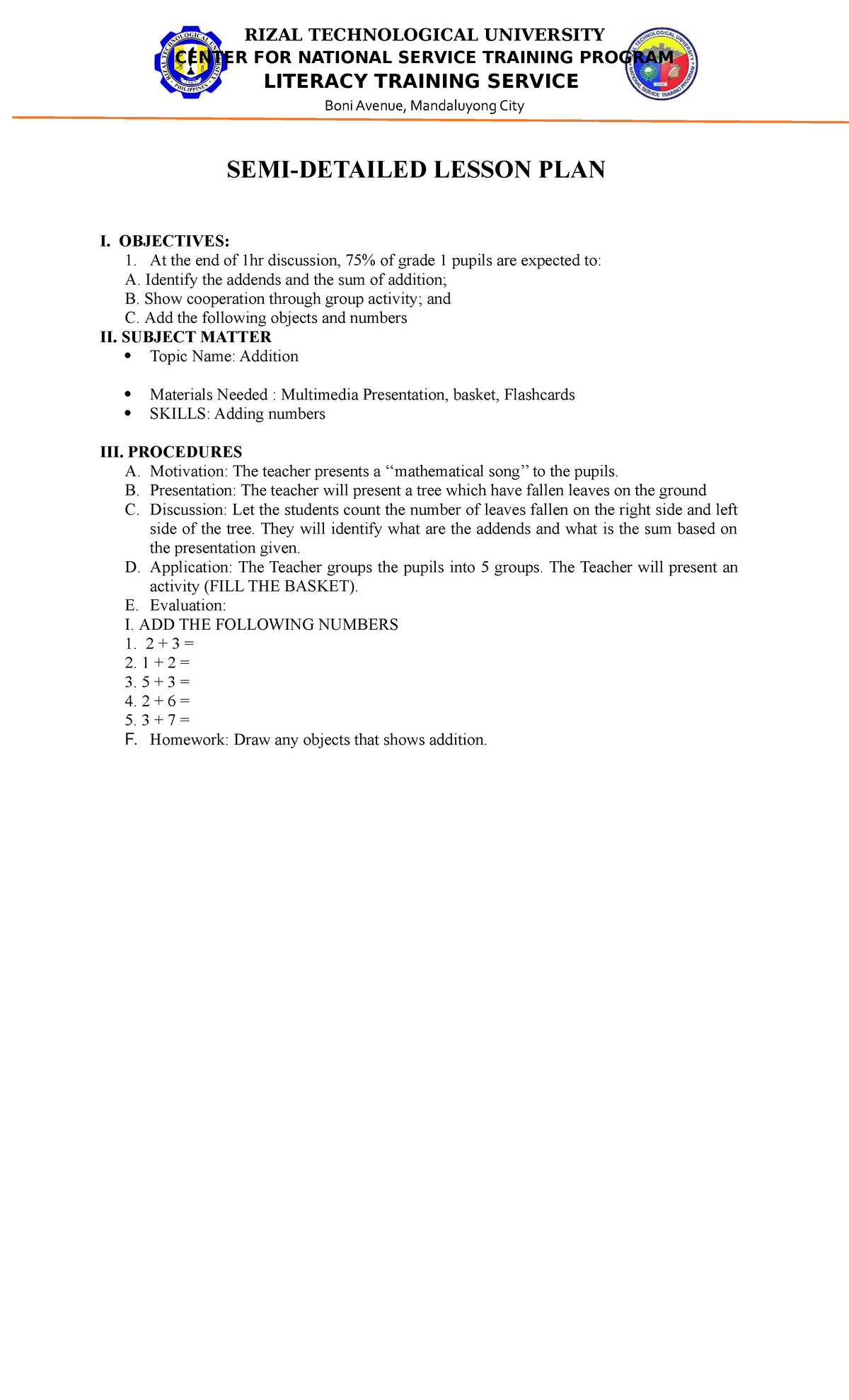 MY Lesson PLAN - RIZAL TECHNOLOGICAL UNIVERSITY CENTER FOR NATIONAL ...