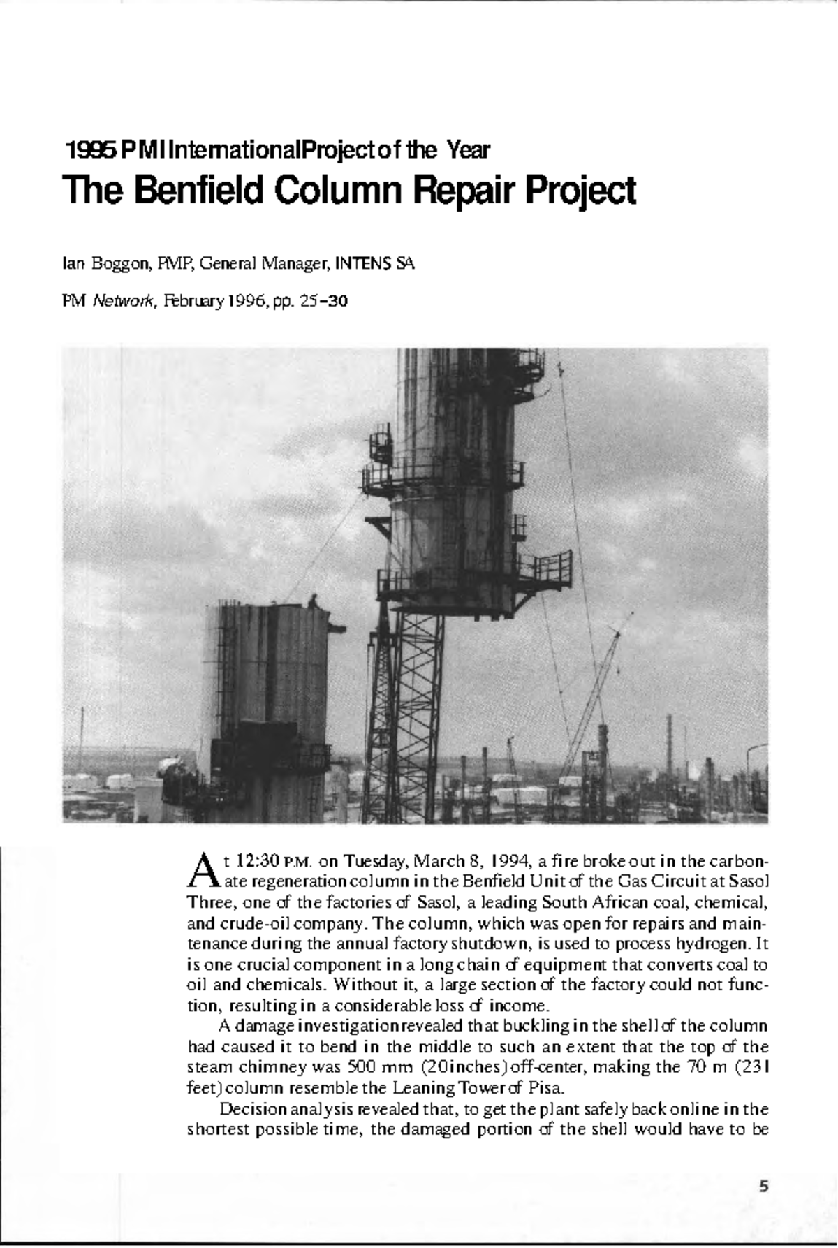 Estudio de caso 1 Columna Benfield - 1995 PMI International Project of ...