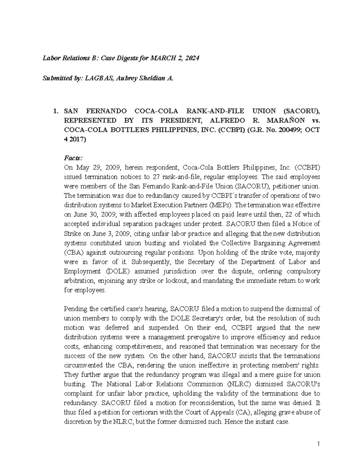 Labor Digests: Labor Relations Cases - Labor Relations B: Case Digests ...