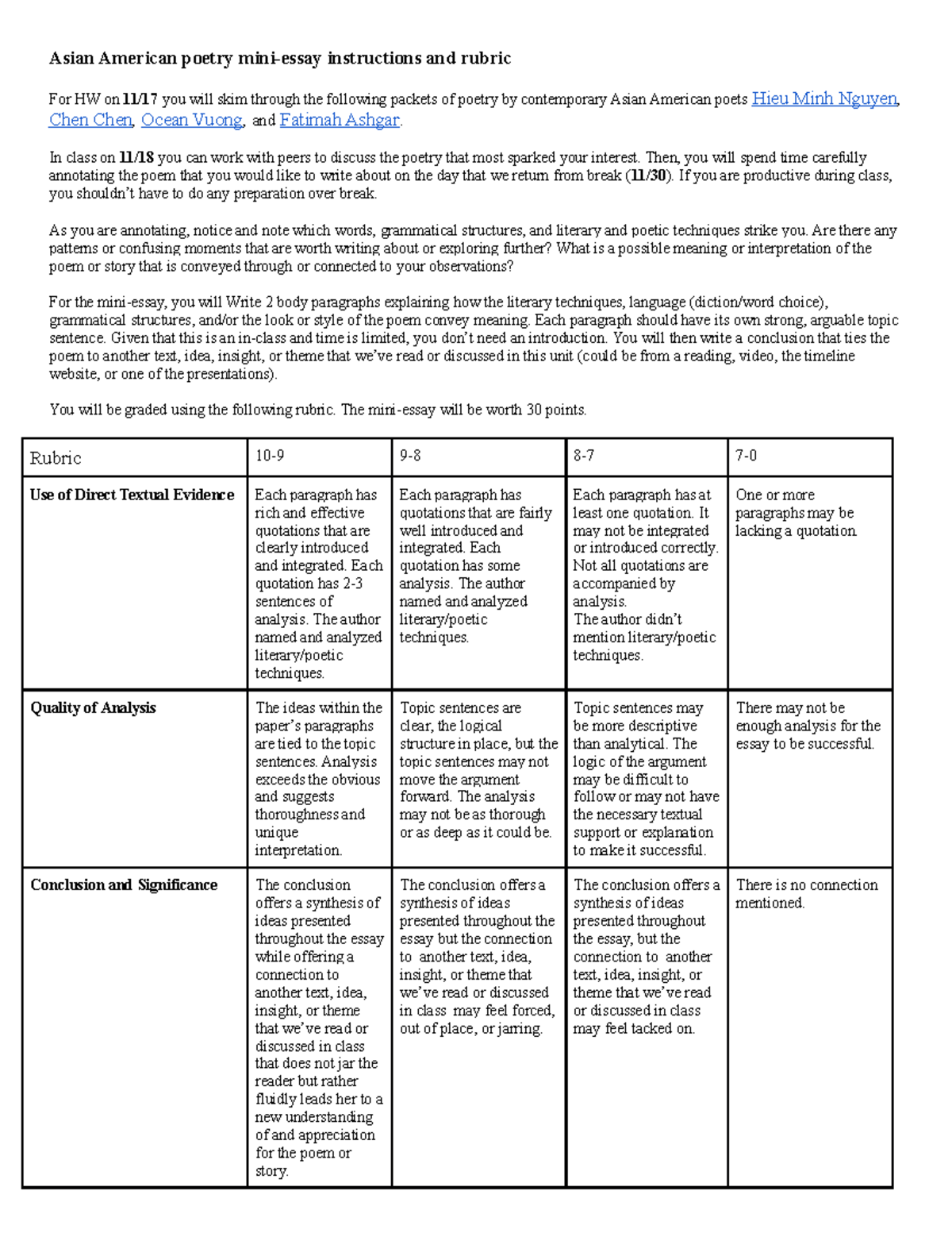 Asian American poets mini-essay - In class on 11/18 you can work with ...