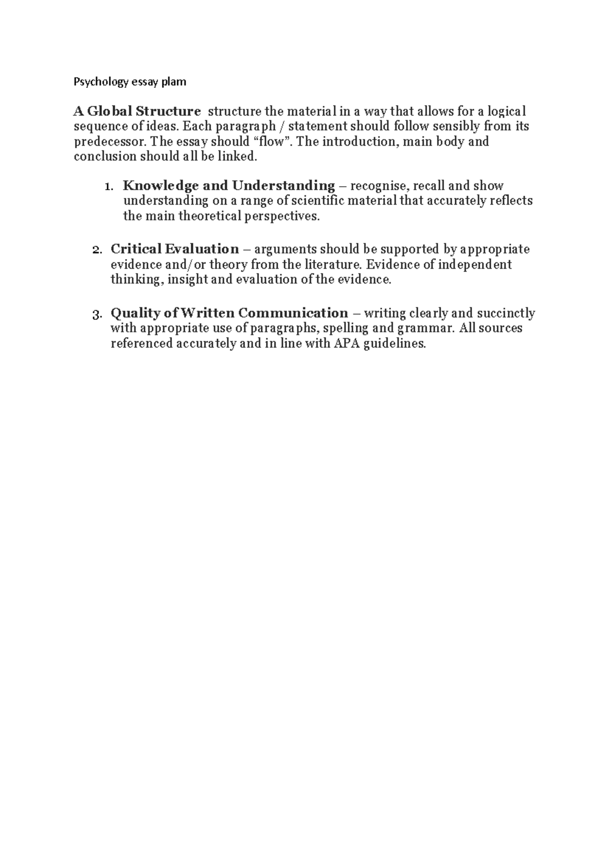 Psychology essay plan - Each paragraph / statement should follow ...