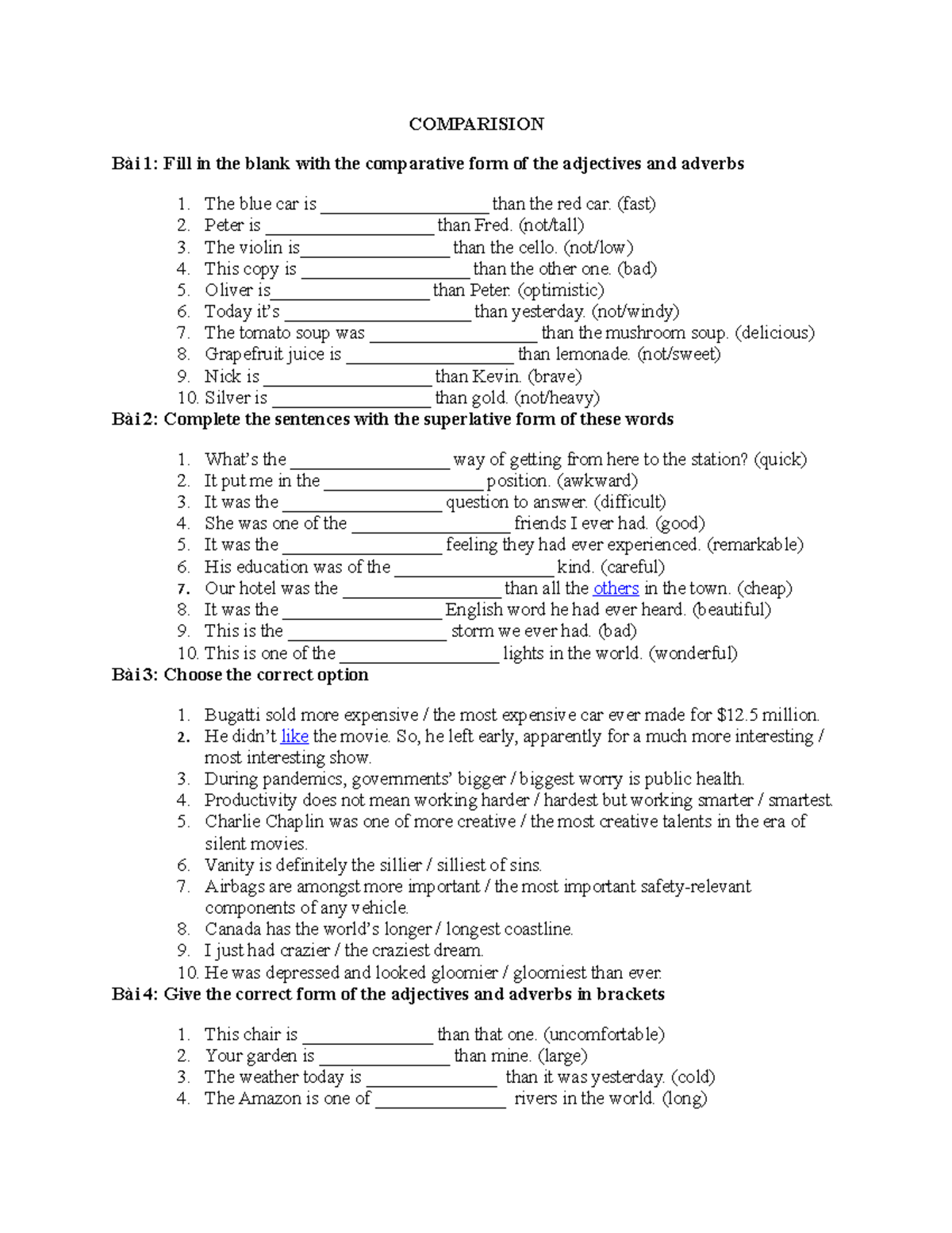 Comparision - COMPARISION Bài 1: Fill in the blank with the comparative ...